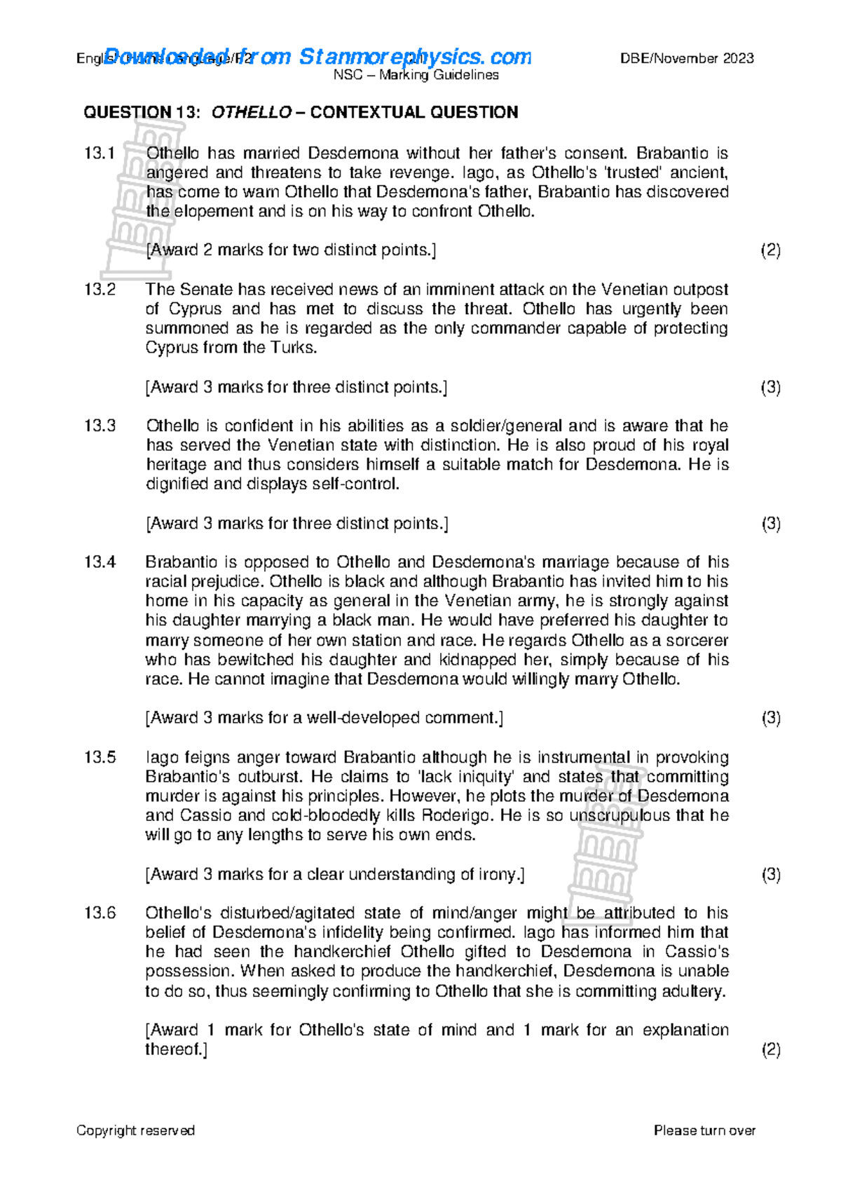 2023 NOV- Othello Questions MEMO - English Home Language/P2 21 DBE ...