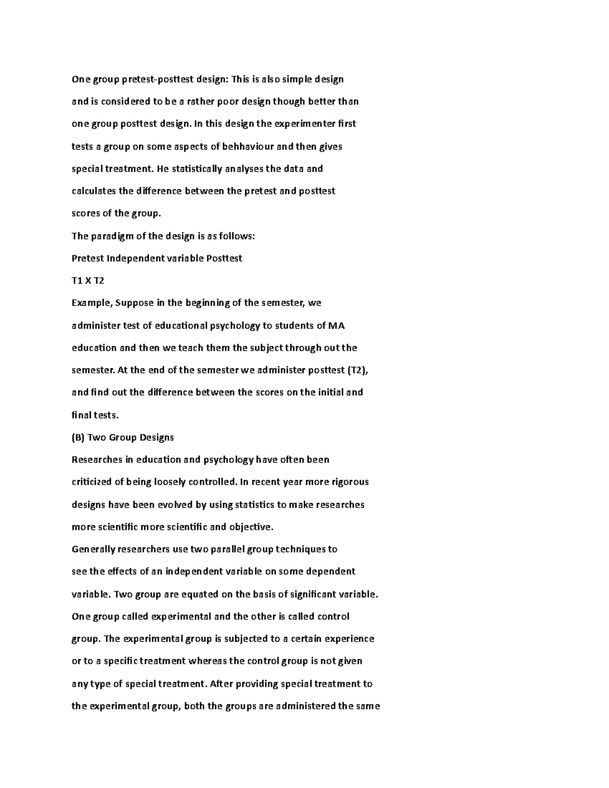 PSYC 130 - PSYC 130 NOTES - One group pretest-posttest design: This is ...