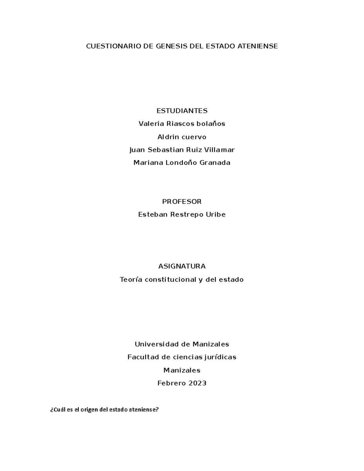 Cuestionario DE Genesis DEL Estado Ateniense - CUESTIONARIO DE GENESIS ...