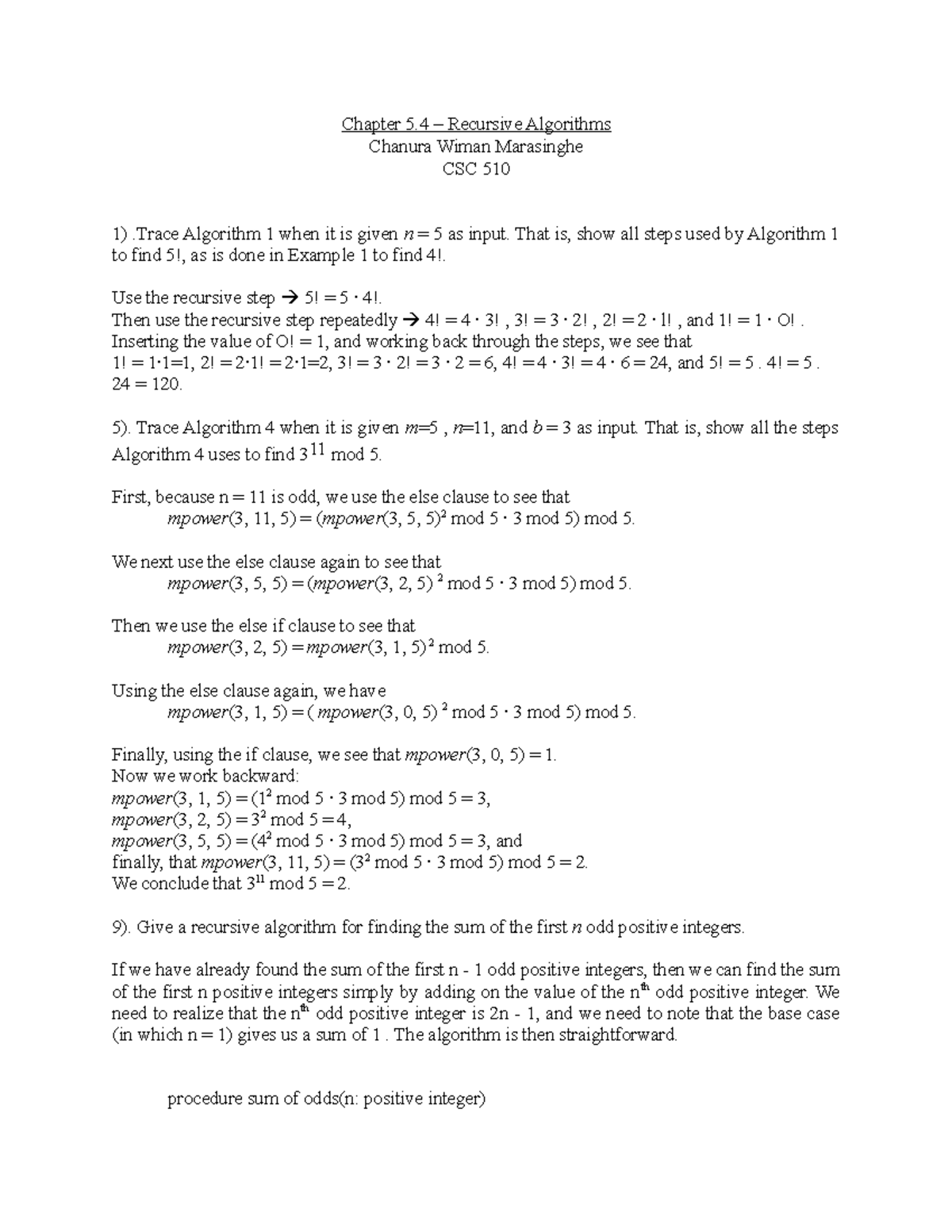Chapter 5.4 Assignment - Chapter 5 – Recursive Algorithms Chanura Wiman Marasinghe CSC 510 ...