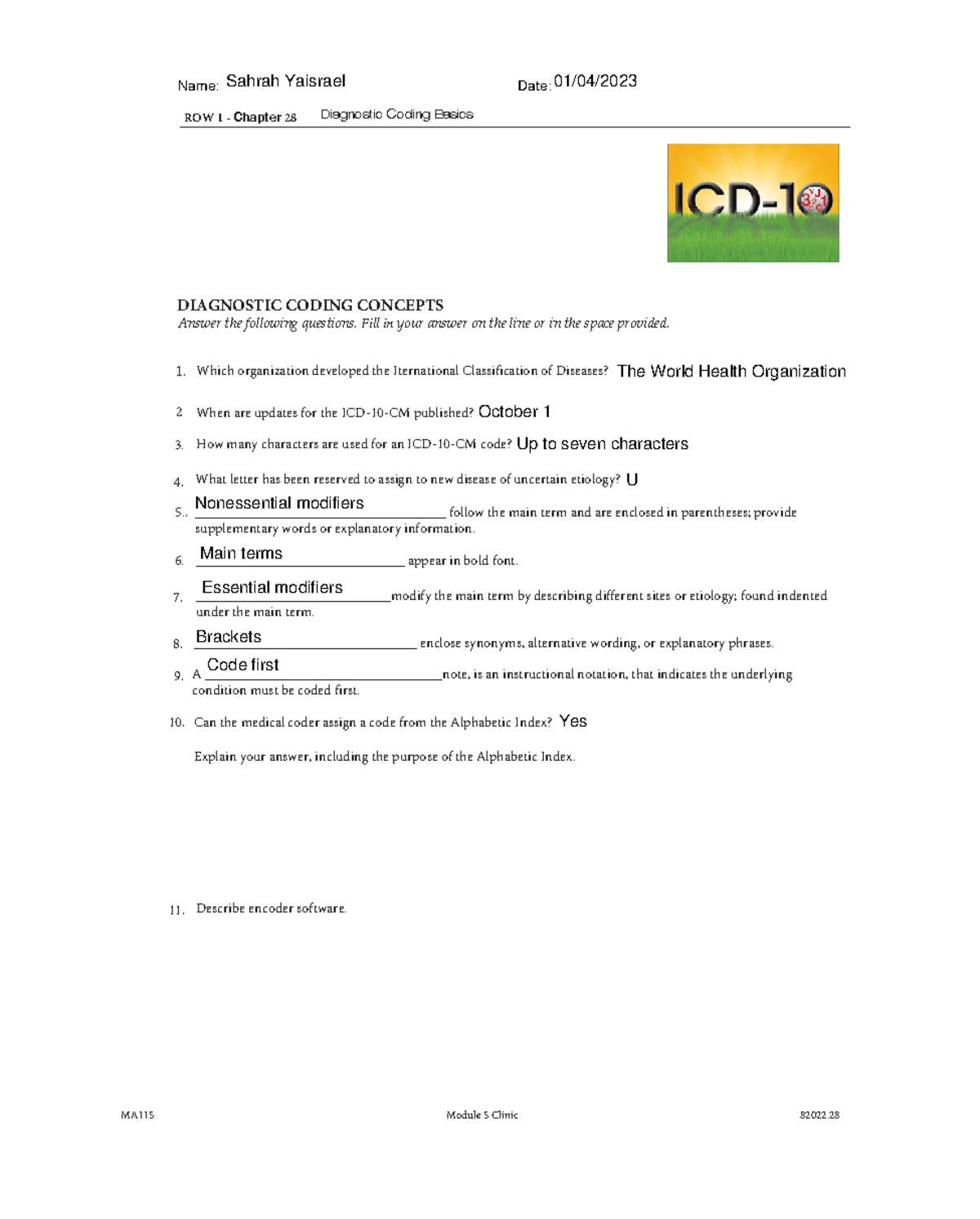 MA115 ROW 1 Chapter 28 - N/A - ROW 1 - Chapter 28 Diagnostic Coding ...