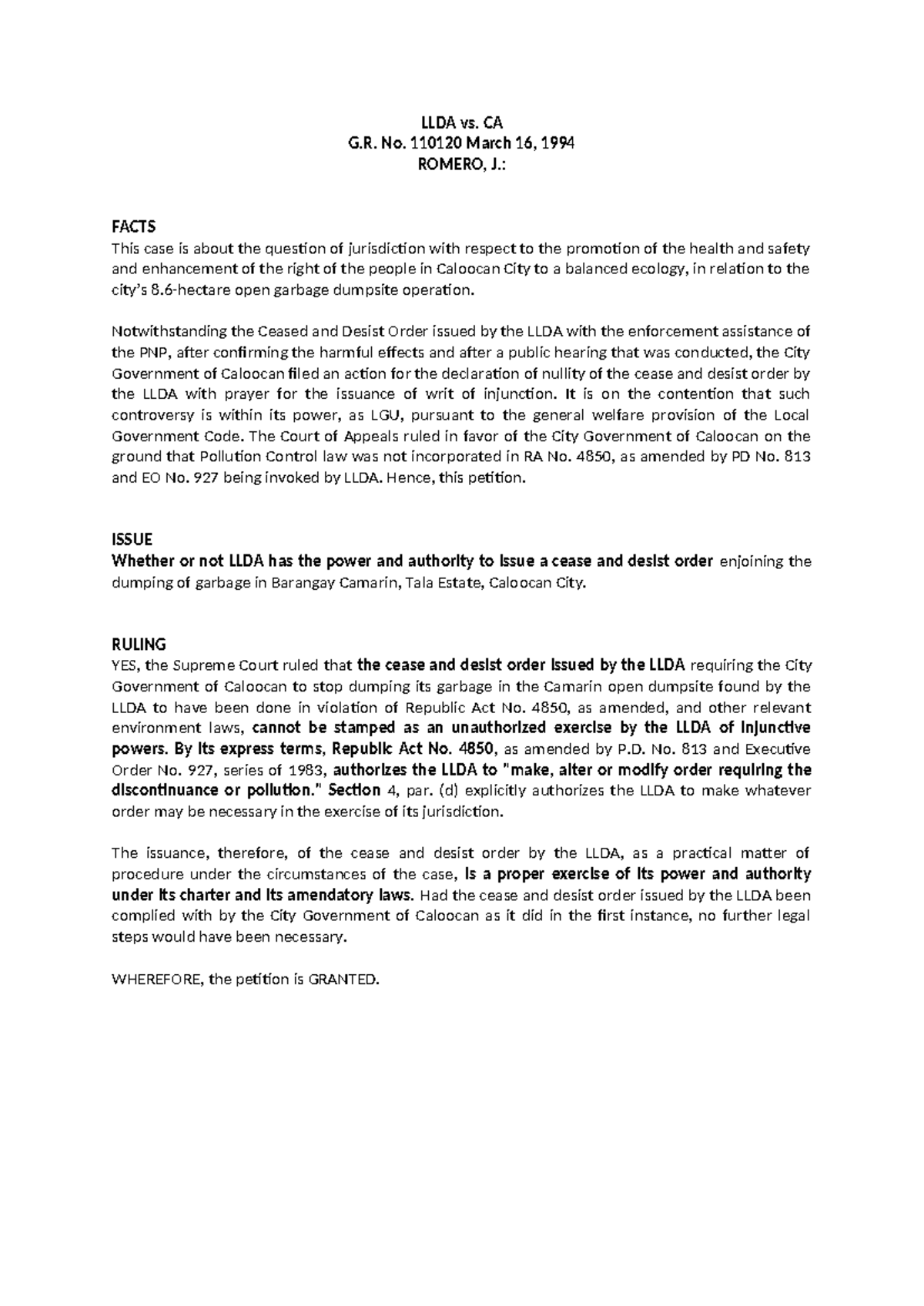 LLDA vs. CA (1994) - LLDA vs. CA G. No. 110120 March 16, 1994 ROMERO, J ...