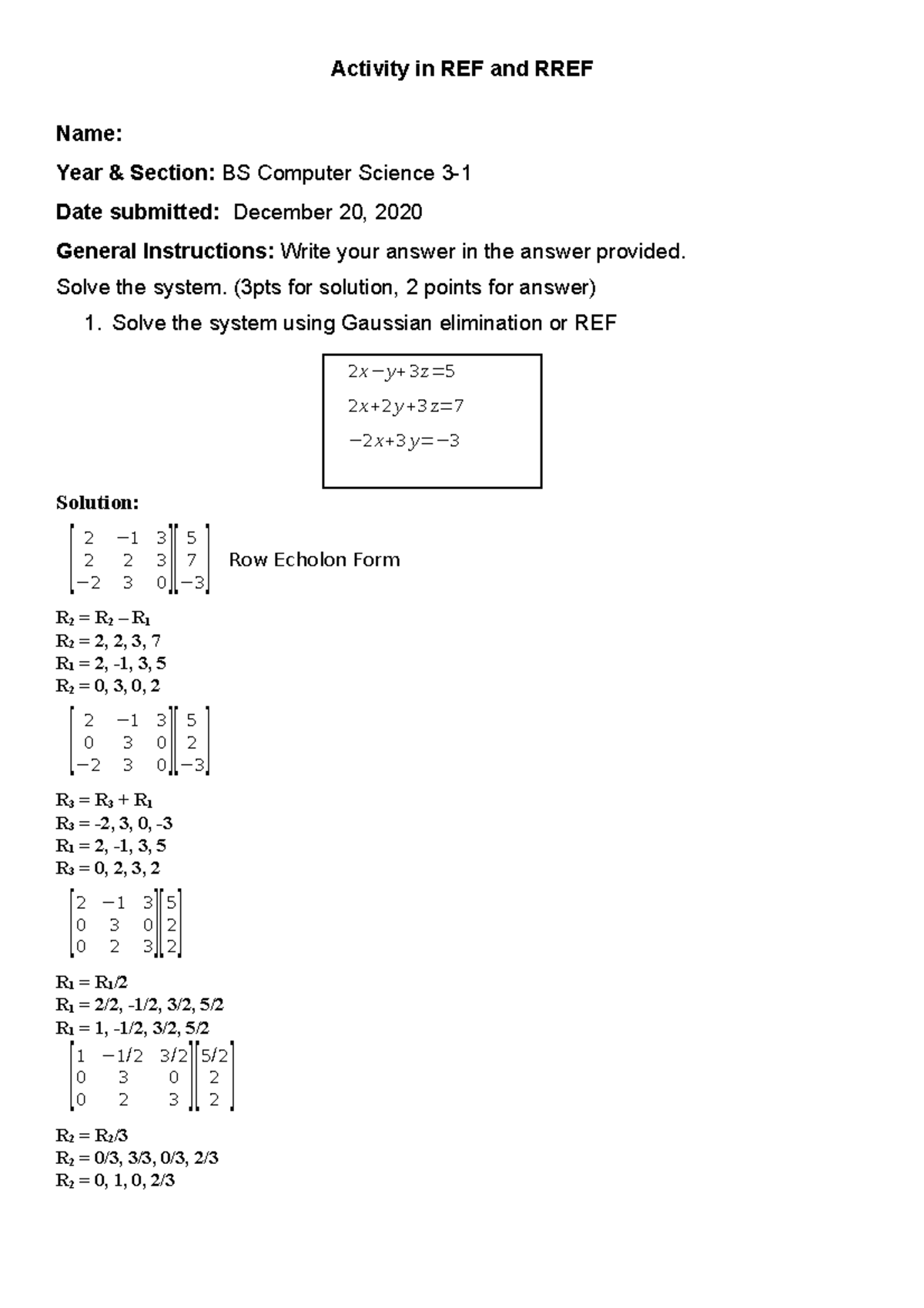 Linear Algebra - Activity in Gaussian and RREF - BS in Computer Science ...
