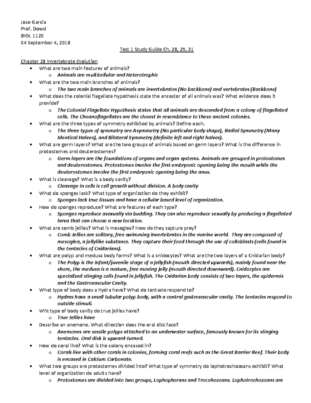 Biology 2 Study Guide Test 1 - Jose Garcia Prof. Dowd BIOL 1120 04 ...