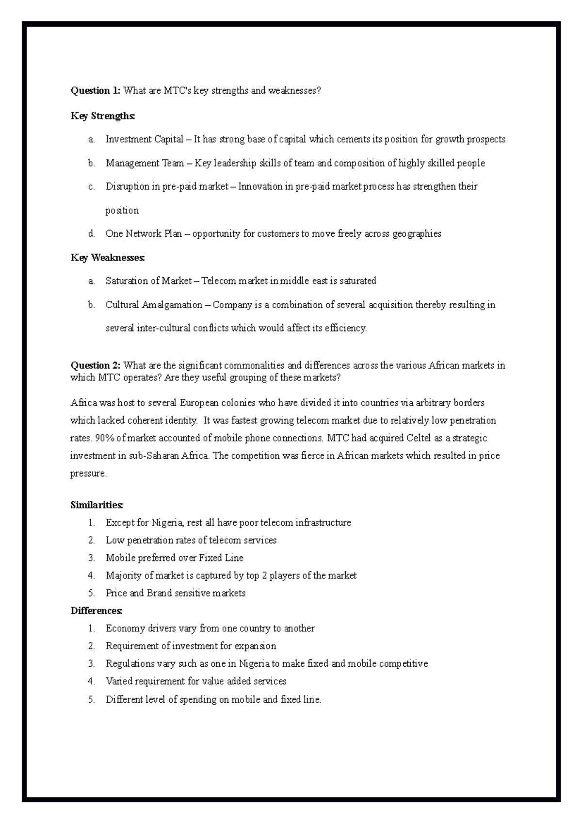 MTC Africa - Case Analysis - Question 1: What are MTC's key strengths ...