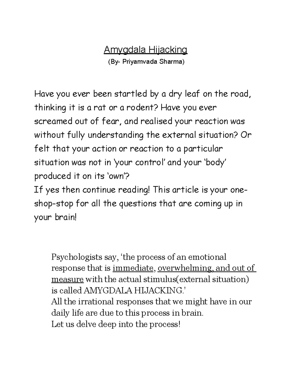 Amygdala Hijacking- Emotional reactions during fight/flight situations ...