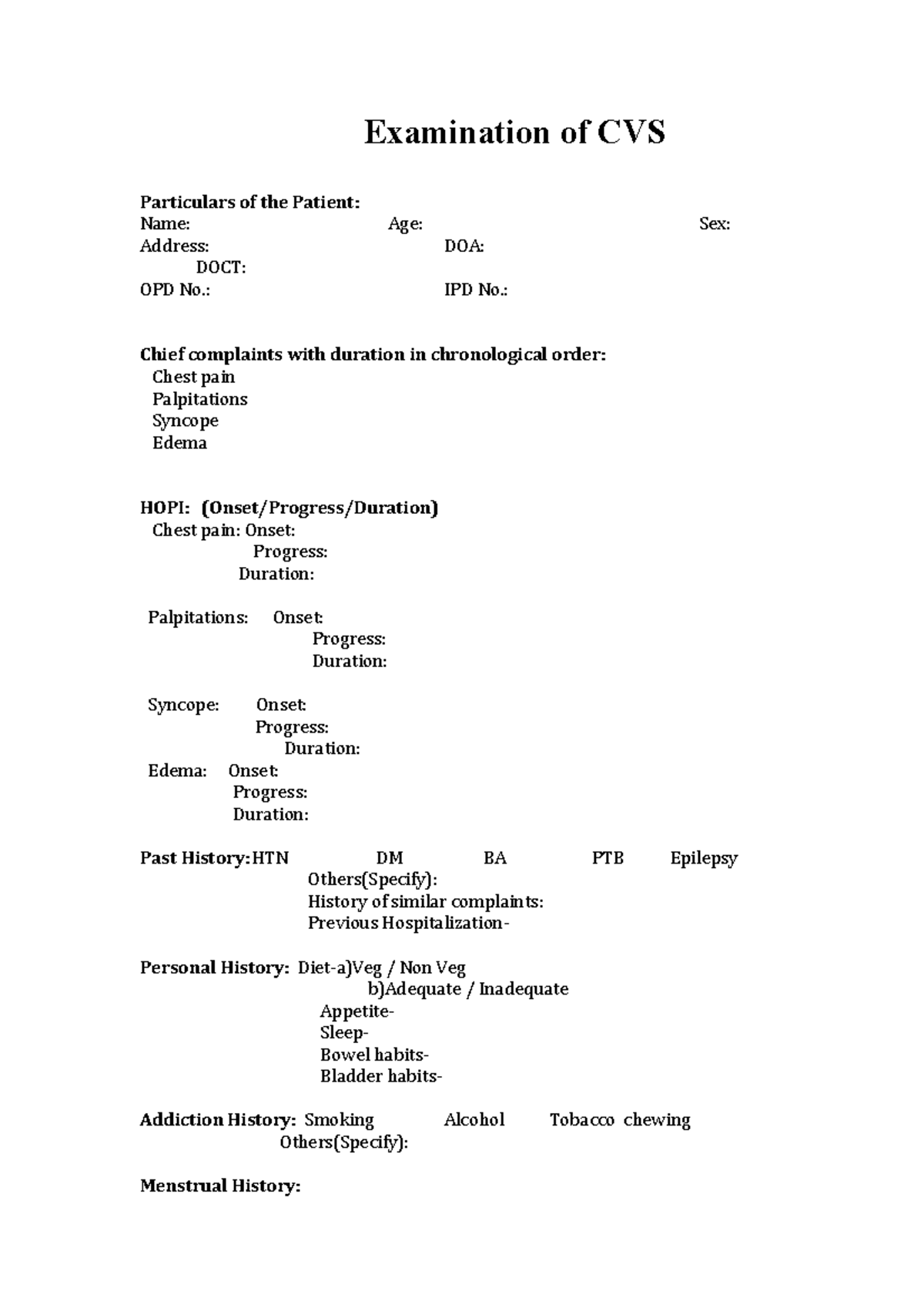 CVS Examination Proforma - Examination of CVS Particulars of the ...