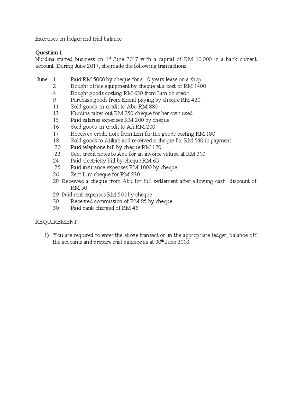 Exercises on ledger and trial balance - Exercises on ledger and trial ...