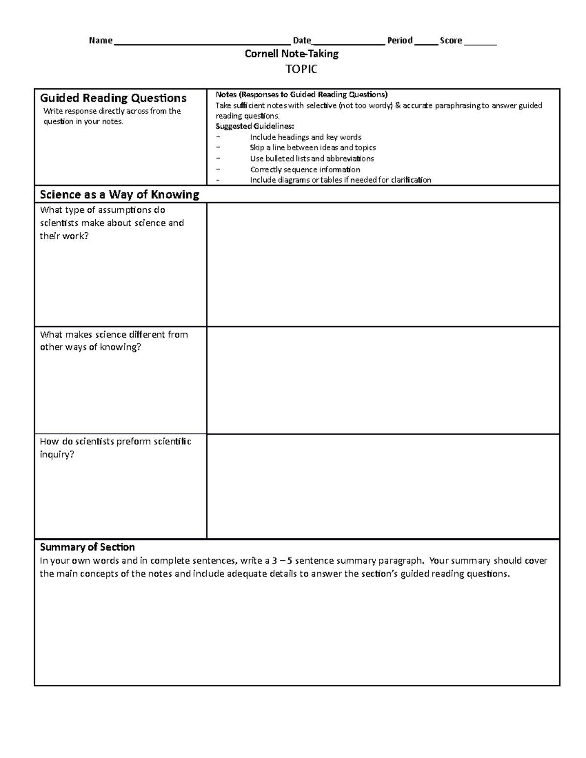 Cornell Notes Template 22 - Name ...