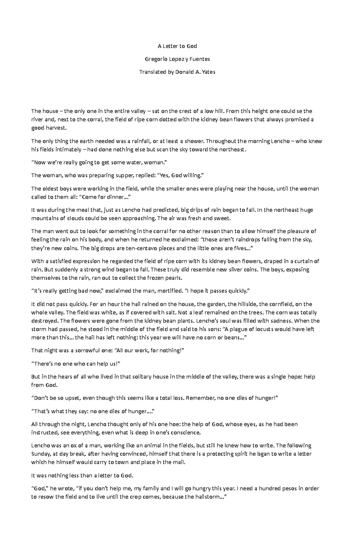 A Letter to God - literature - A Letter to God Gregorio Lopez y Fuentes ...