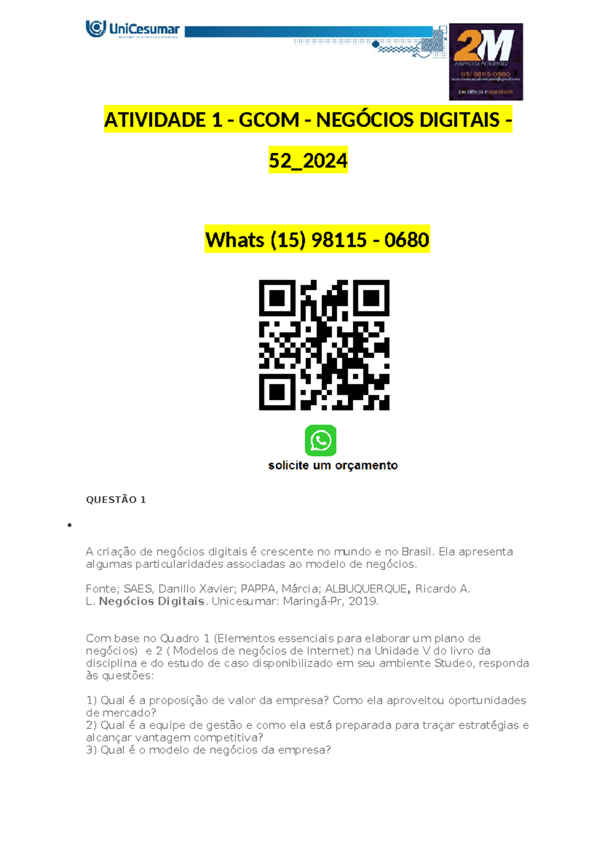 (15) 98115-0680 Atividade 1 - GCOM - Negócios Digitais - 52 2024 ...