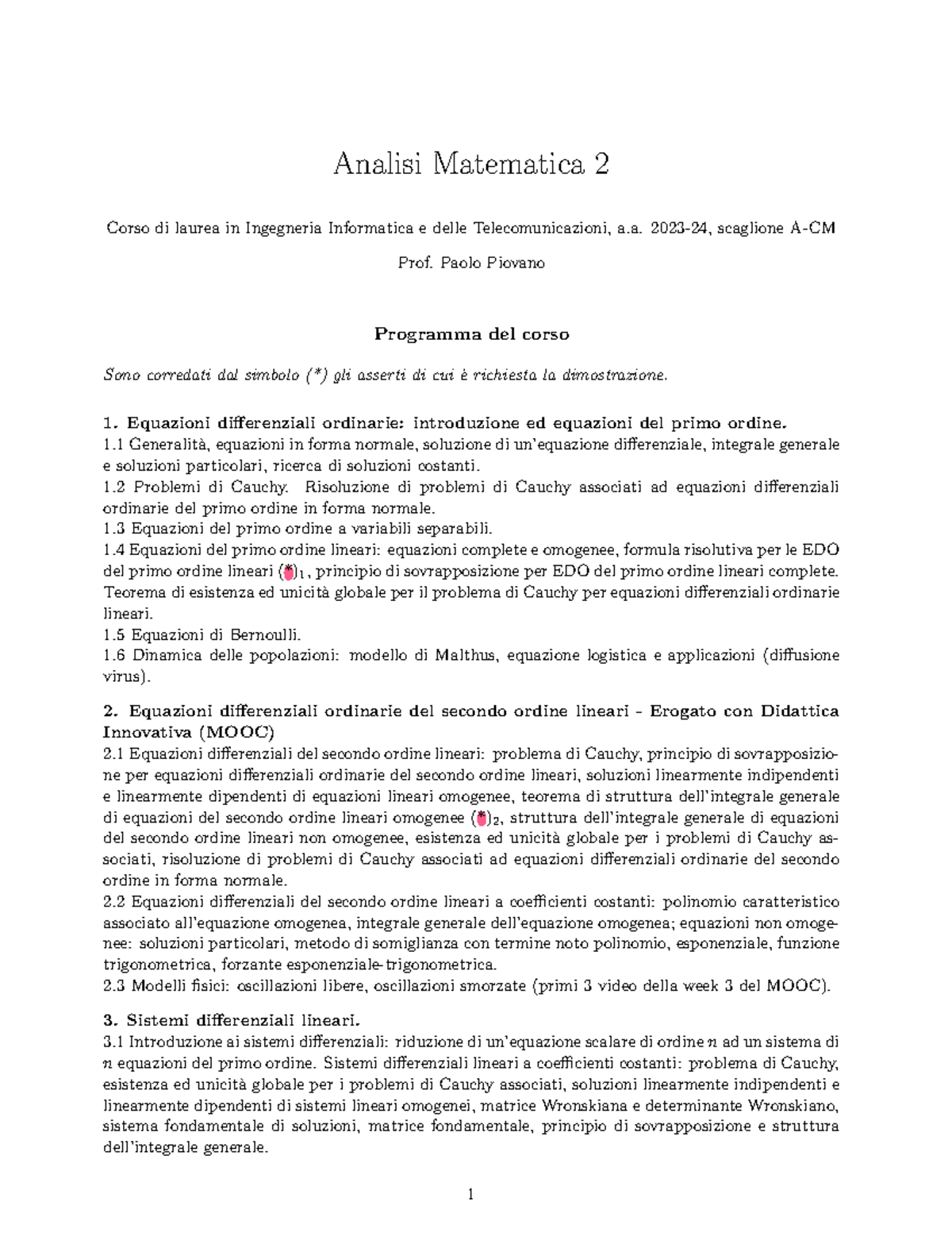 AM2-2023-24 Programma Piovano - Analisi Matematica 2 Corso di laurea in Ingegneria Informatica e ...