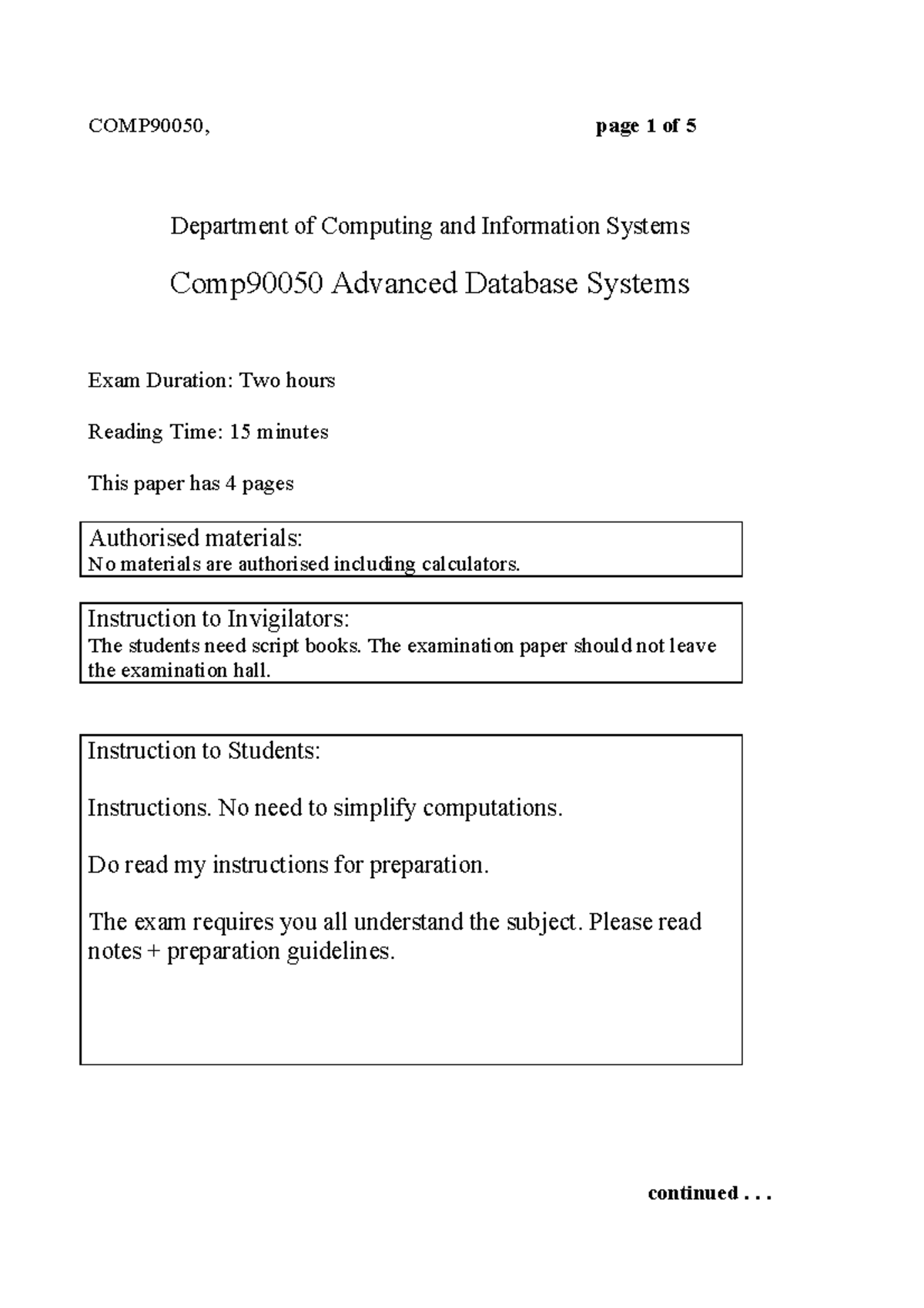 Sample/practice exam 2019 - COMP90050, page 1 of 5 Department of Computing and Information ...