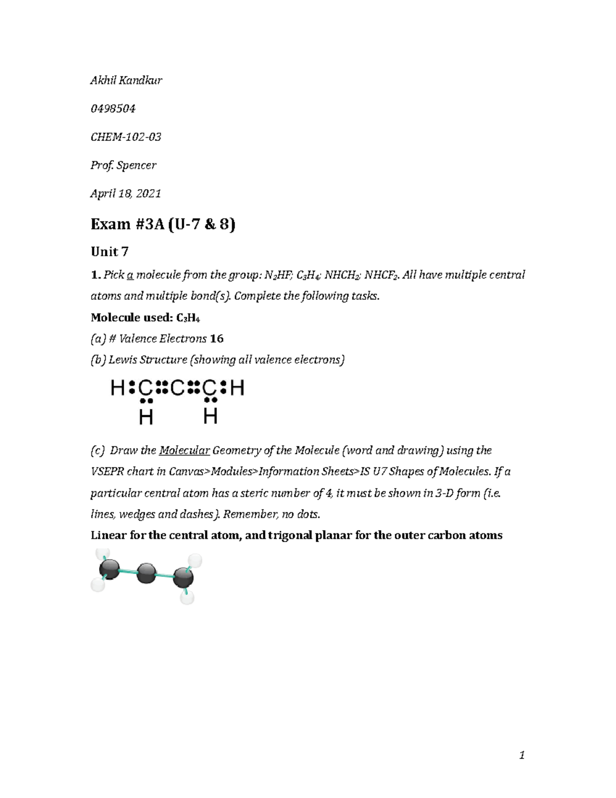 Exam #3A Sp21 - Exam 3A - Akhil Kandkur 0498504 CHEM-102- Prof. Spencer ...