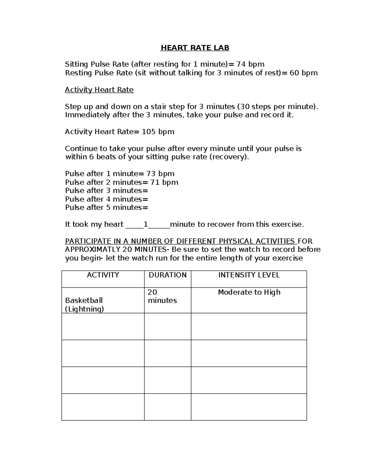 Heart RATE LAB 2 - HEART RATE LAB Sitting Pulse Rate (after resting for ...