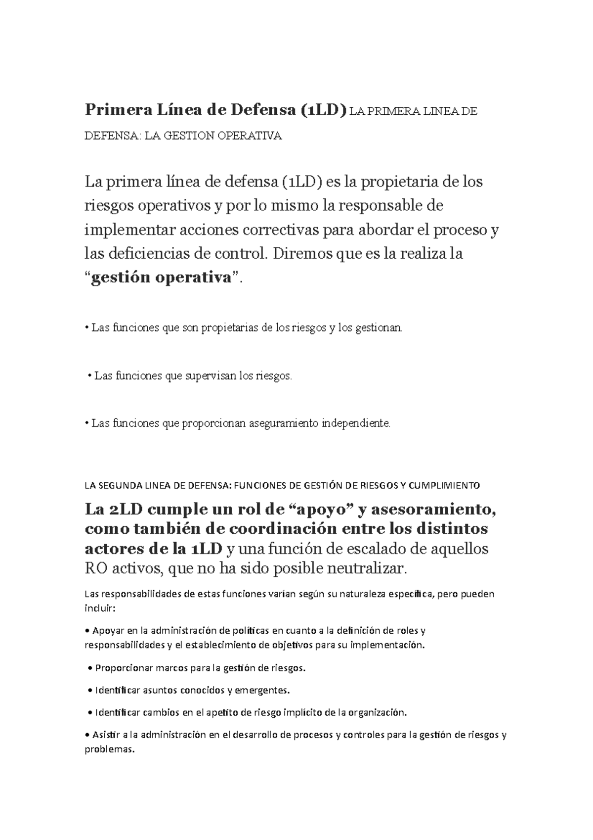 3 lineas de defensa - Apuntes 1 - Primera Línea de Defensa (1LD) LA ...