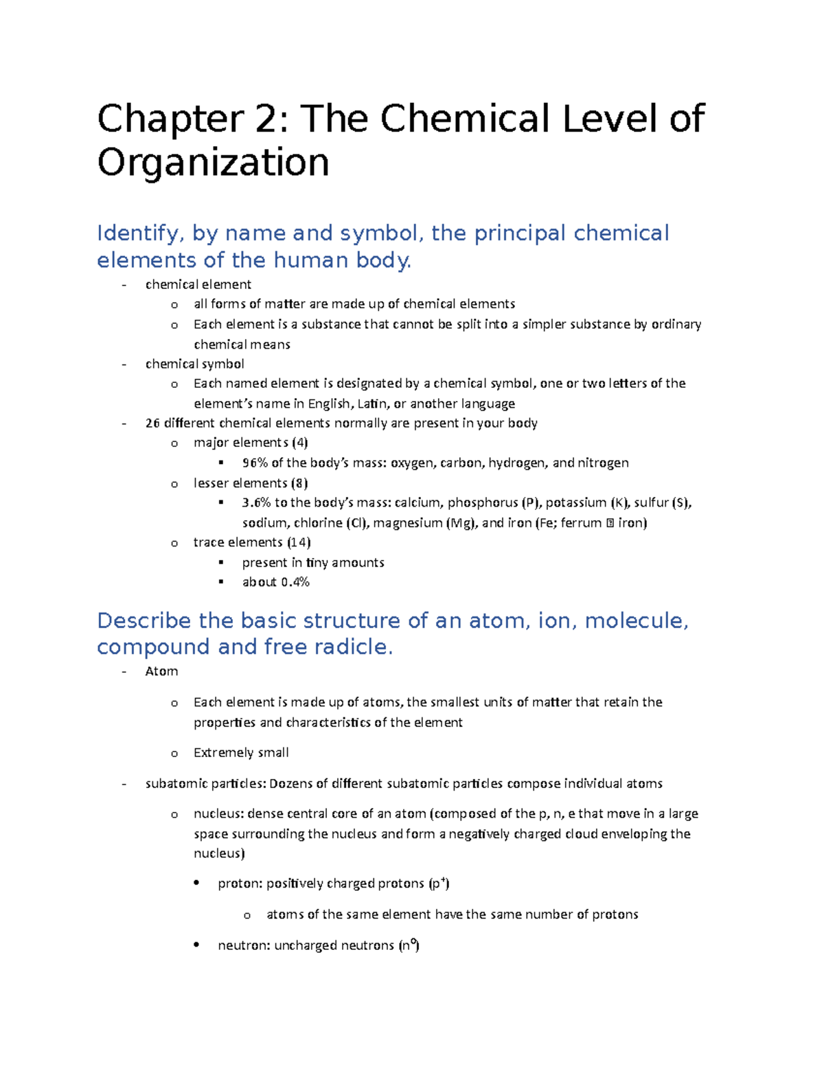 Ch 2 - Chapter 2 study notes - Chapter 2: The Chemical Level of ...
