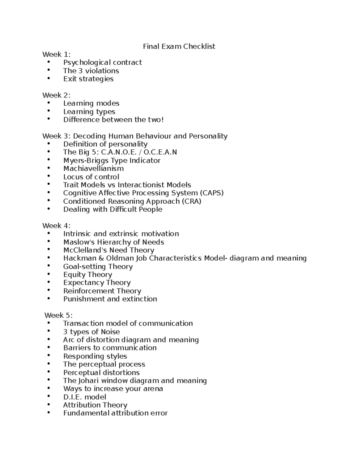 Final Exam Checklist - BUSI2101 - Final Exam Checklist Week 1 ...