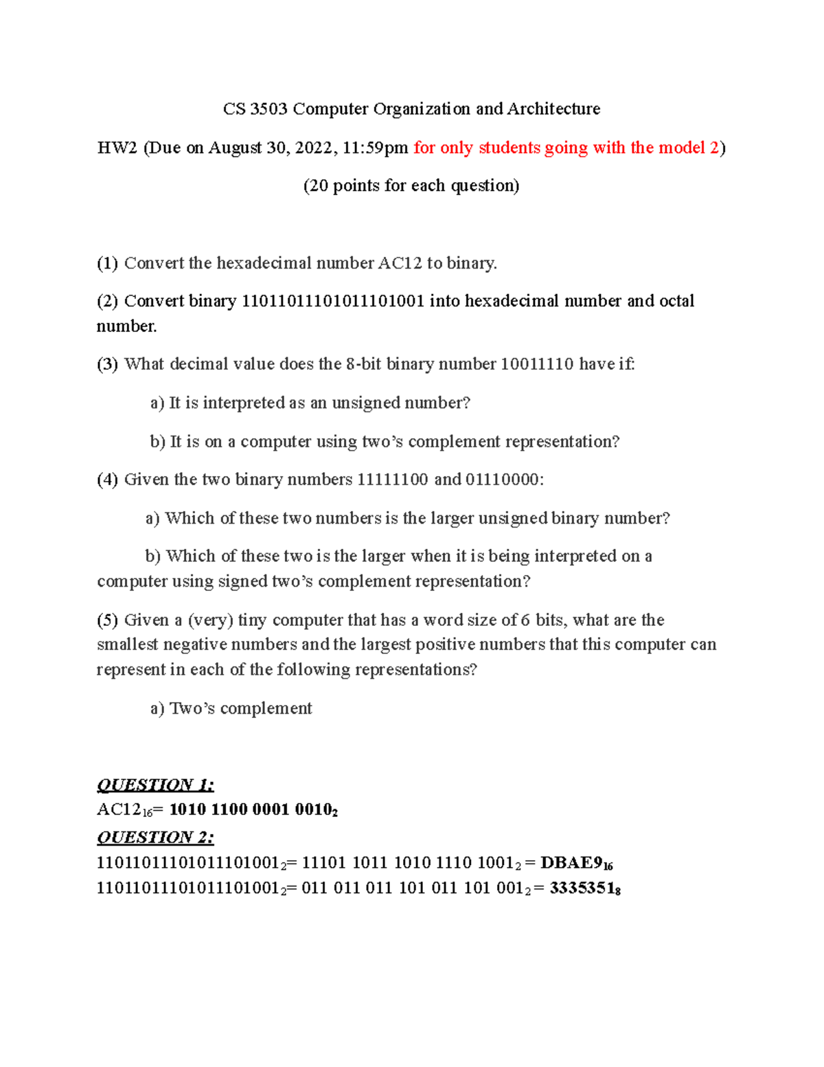 HW2 - Note - CS 3503 Computer Organization and Architecture HW2 (Due on ... HW2 - Note - CS 3503 Computer Organization and Architecture HW2 (Due on ...