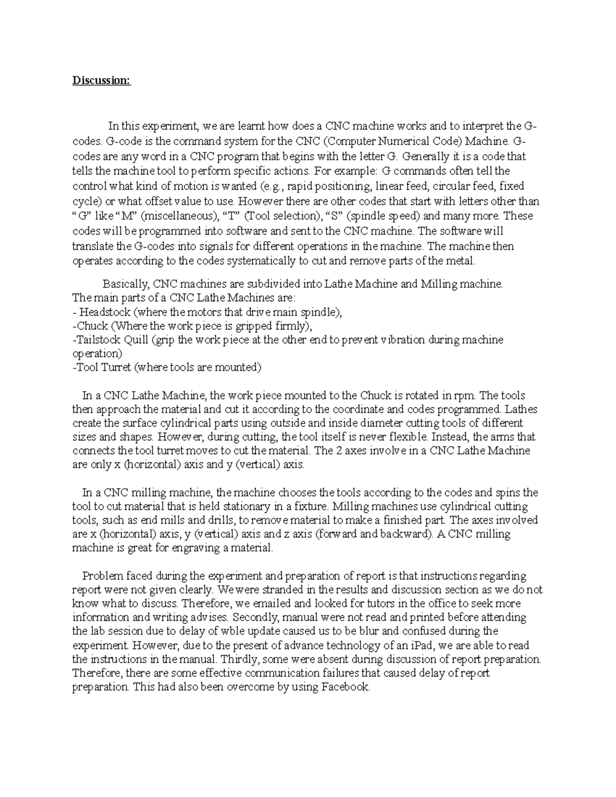 322683284 CNC Lab Report - Discussion: In this experiment, we are ...