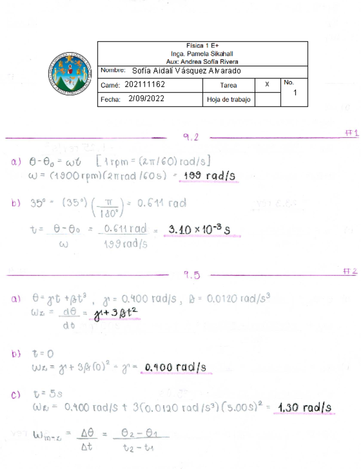 Tarea No.1 2S2022 - Física 1 - Sofía Aidalí Vásquez Alvarado 202111162 2/09/ x 1 - Studocu