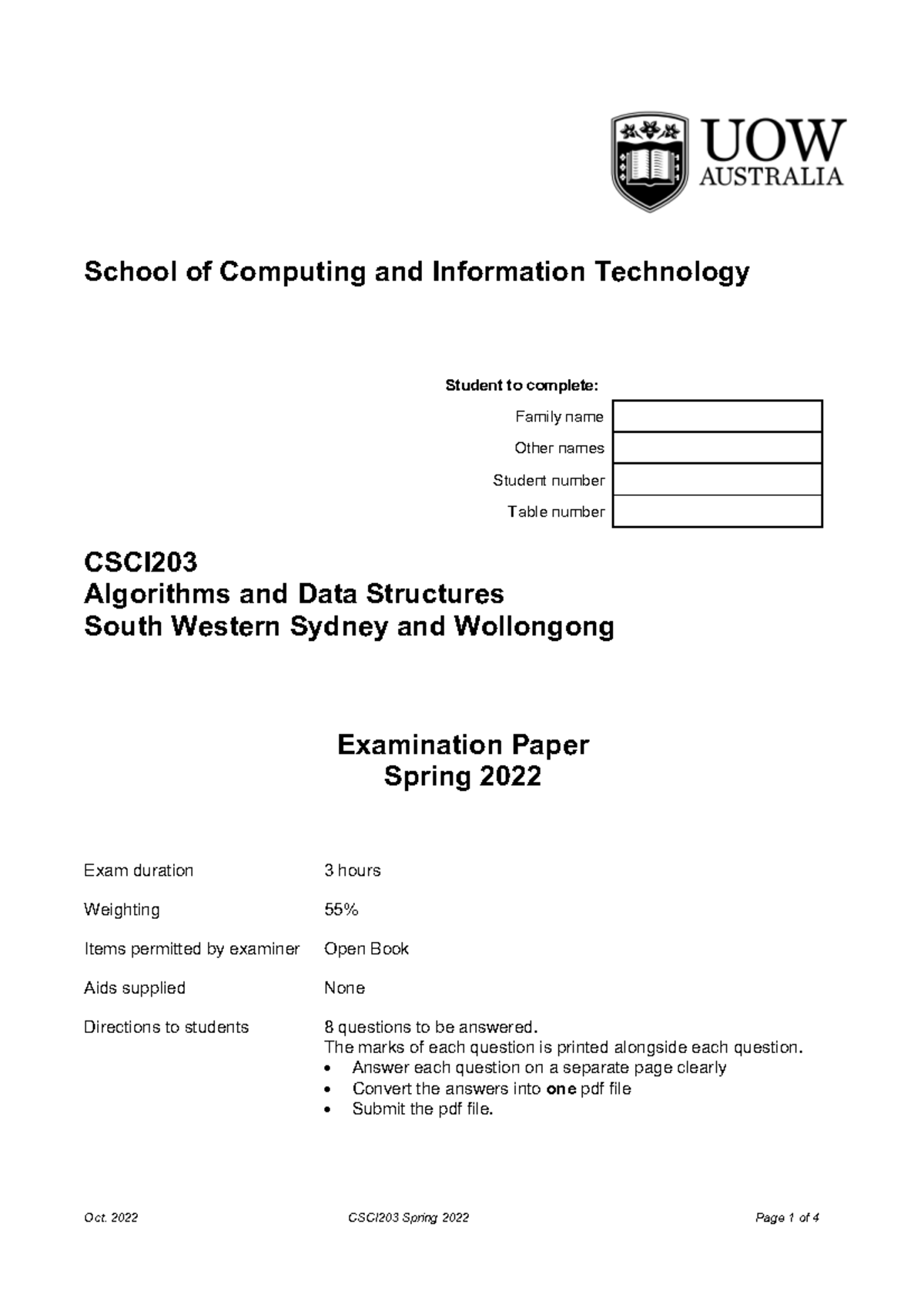 CSCI203 Final Exam Spring 2022 - School of Computing and Information ...