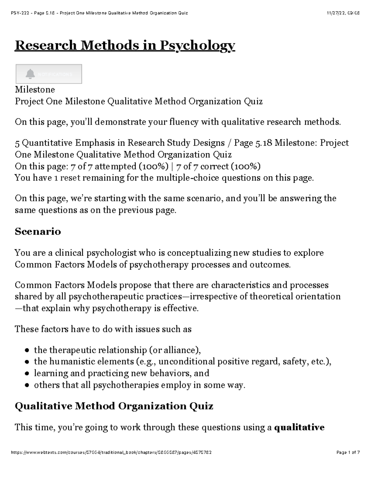 PSY-222 - Page 5.18 - Project One Milestone Qualitative Method Organization Quiz - Research ...