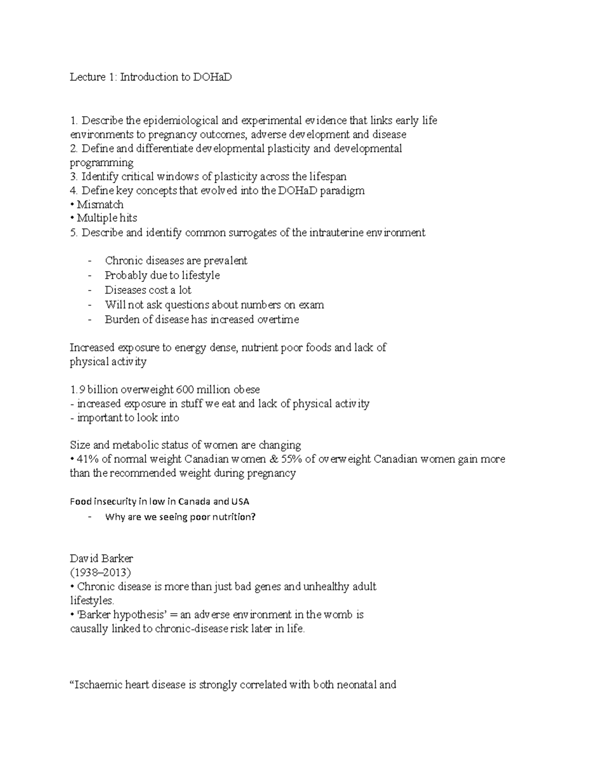 HSS4102 Lectures - Lecture 1: Introduction to DOHaD Describe the ...