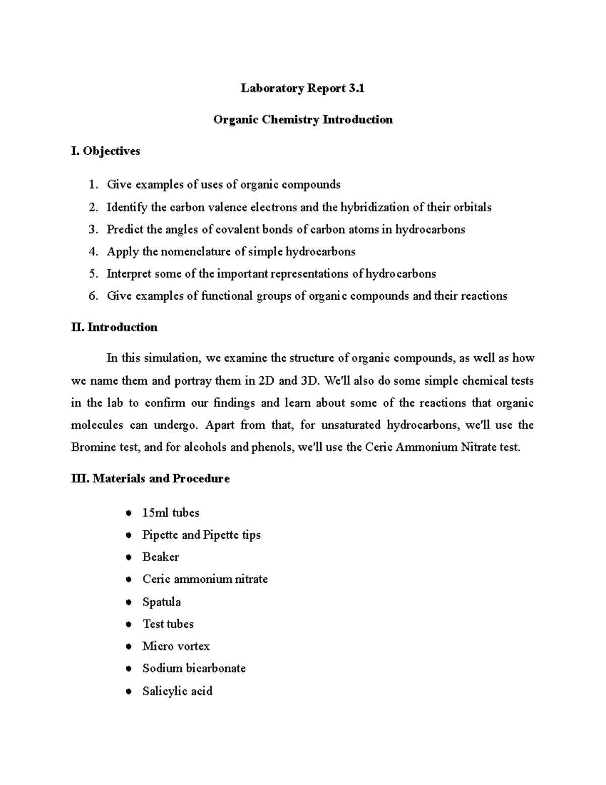 Laboratory Report (Organic Chemistry Introduction) - Laboratory Report ...