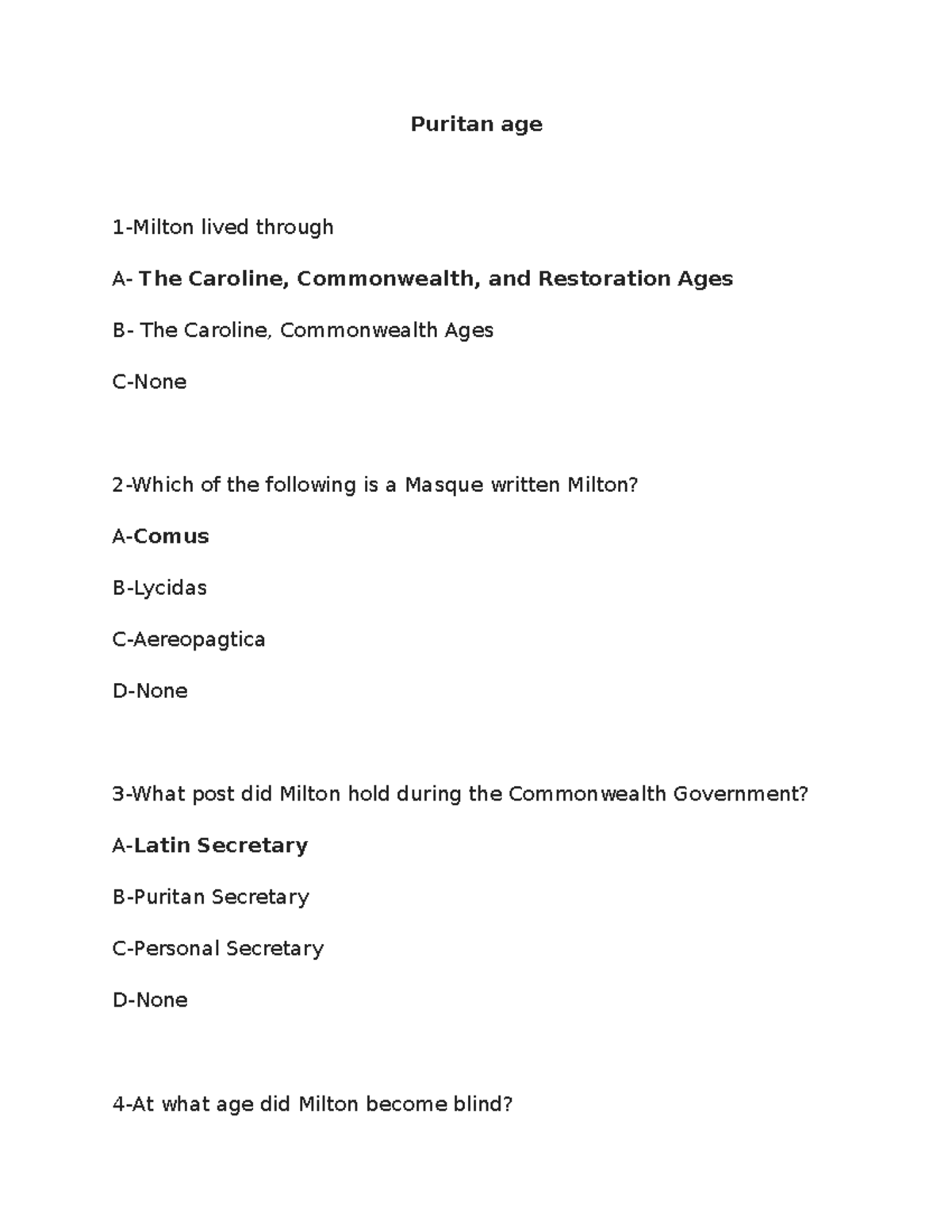 Puritan age - Puritan age 1-Milton lived through A- The Caroline ...