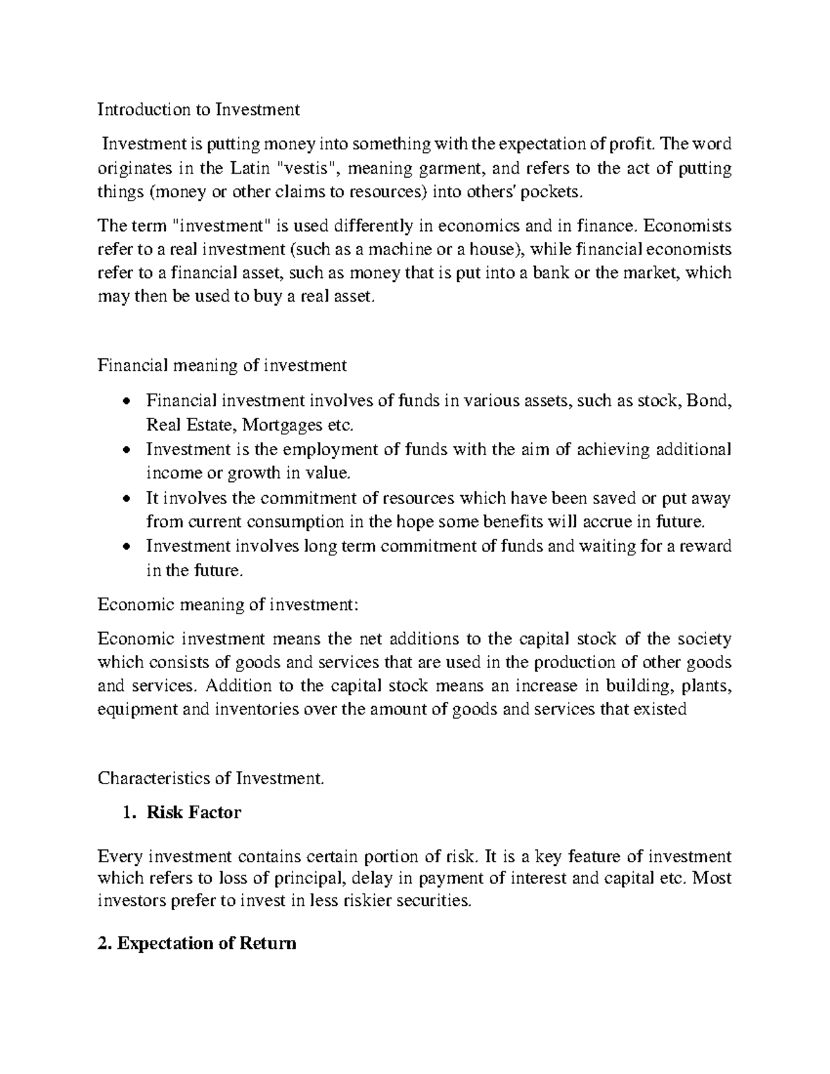 Lecture-1 - Income Tax Notes - Introduction to Investment Investment is ...