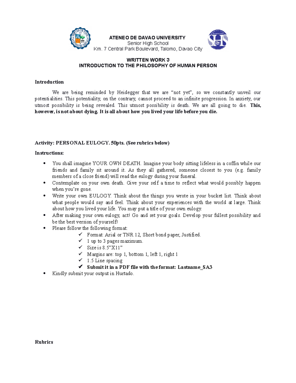SA3 - Eulogy - Instructions and Rubrics - ATENEO DE DAVAO UNIVERSITY ...