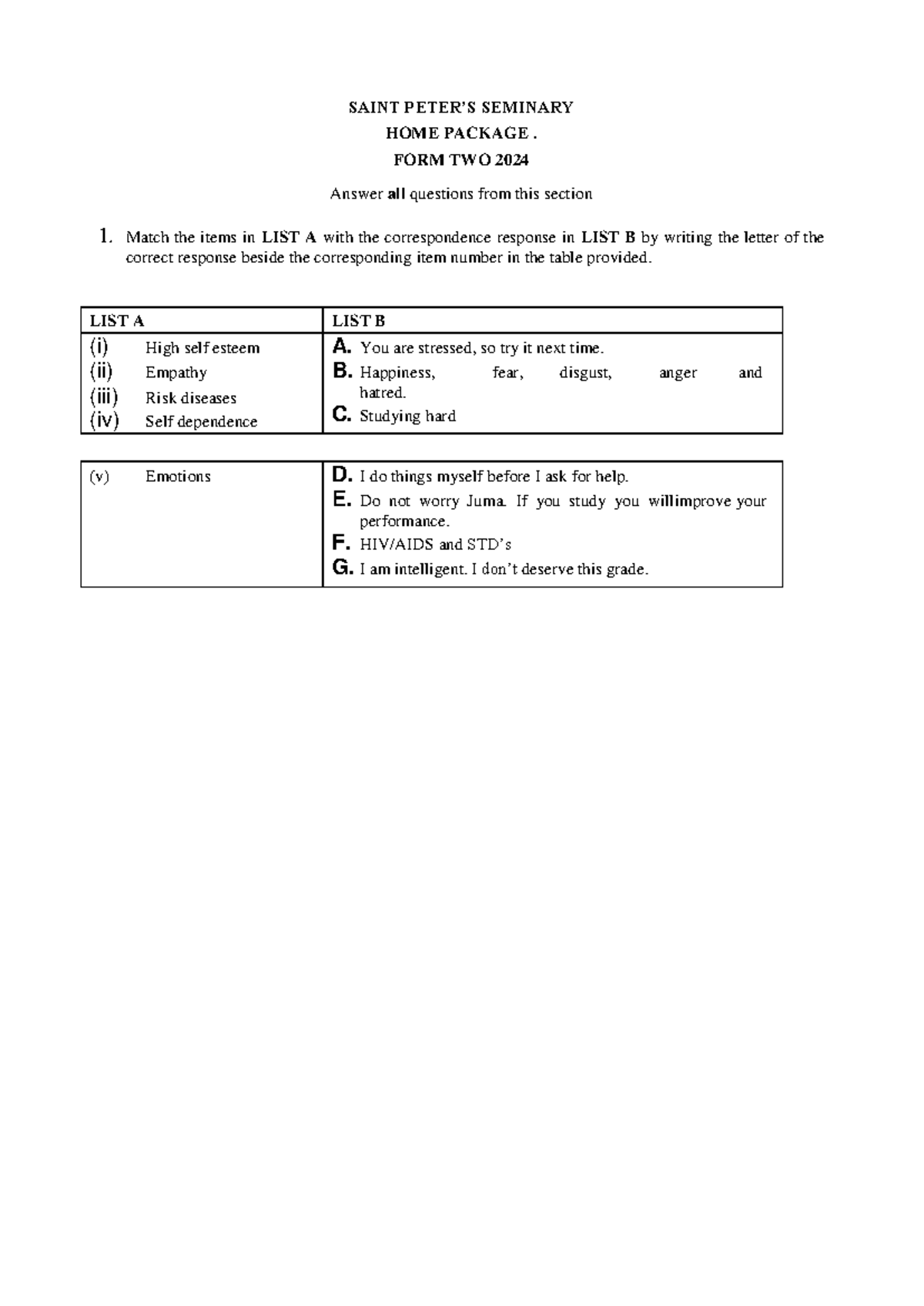 Saint Peter Package FORM TWO 2024 - SAINT PETER’S SEMINARY HOME PACKAGE ...