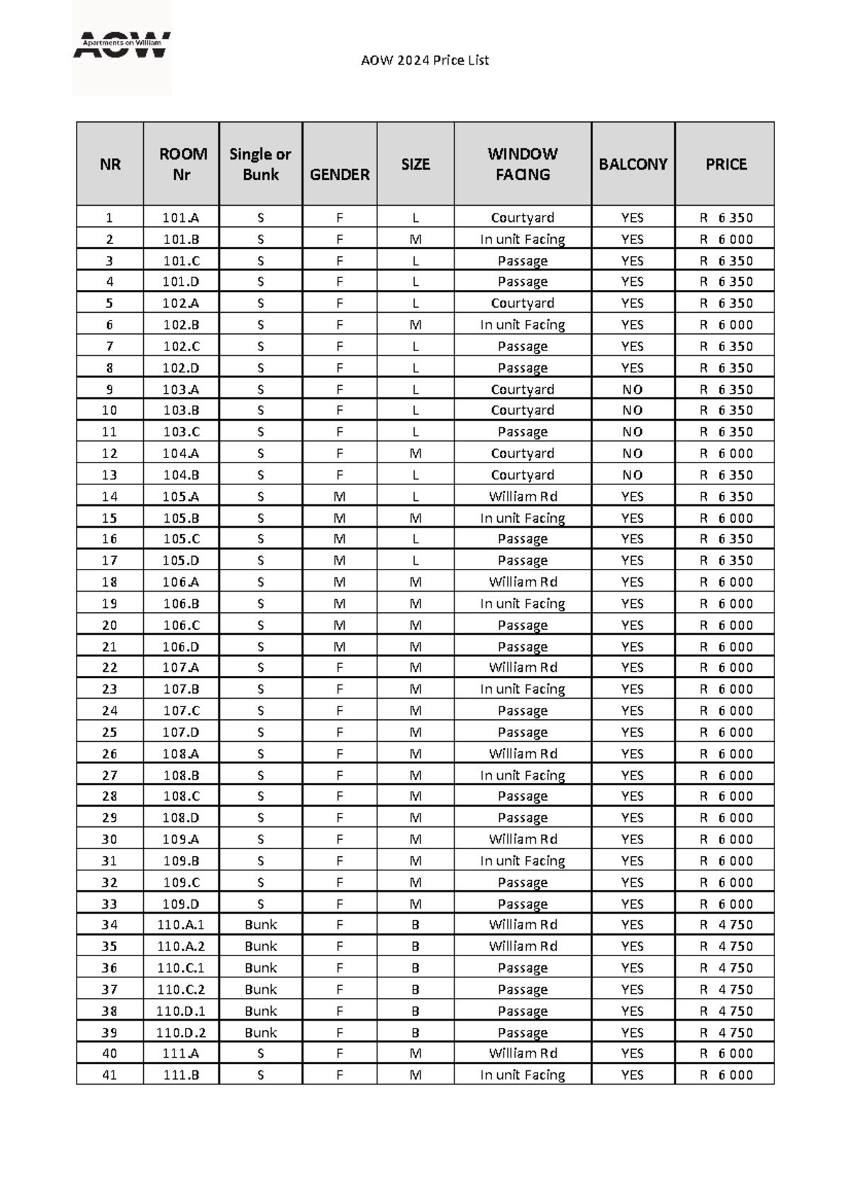 AOW 2024 price List - NR ROOM Nr Single or Bunk GENDER SIZE WINDOW FACING 858 504 N/A N/A N/A N ...