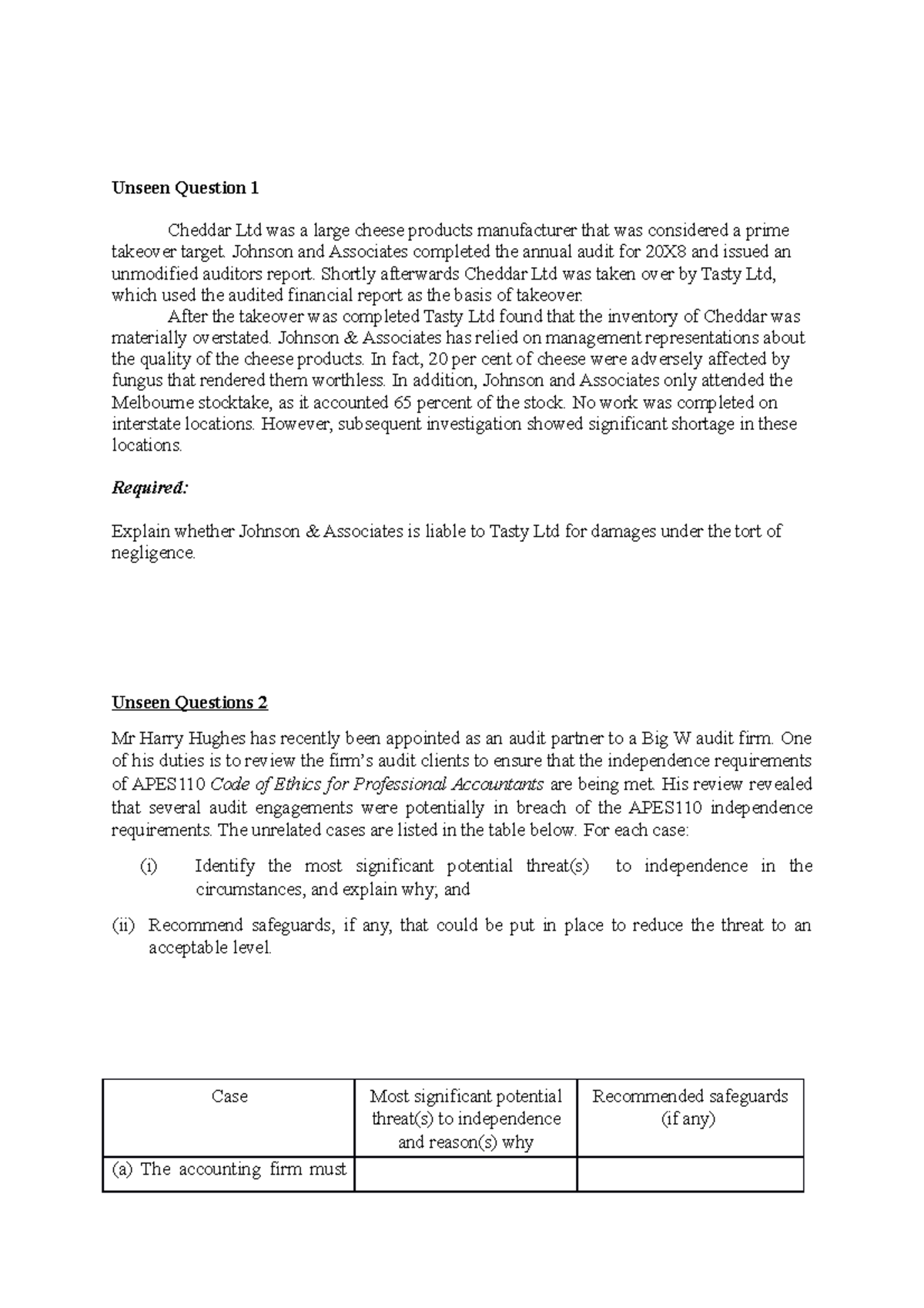 Unseen Questions Module 2 - Unseen Question 1 Cheddar Ltd was a large ...