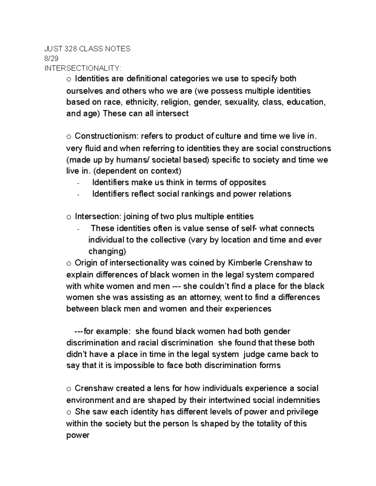 JUST 328 Class Intersectionality - JUST 328 CLASS NOTES 8 ...
