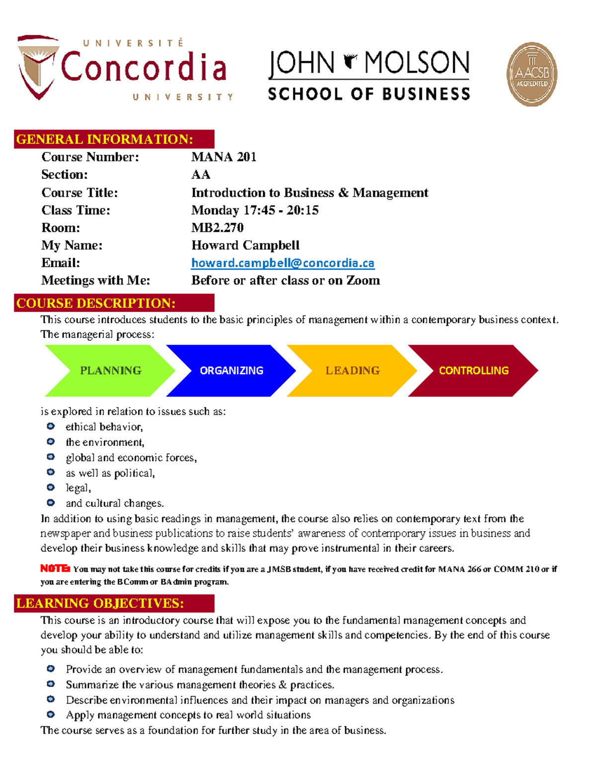 Course Outline Mana 201 - GENERAL INFORMATION: Course Number: MANA 201 ...