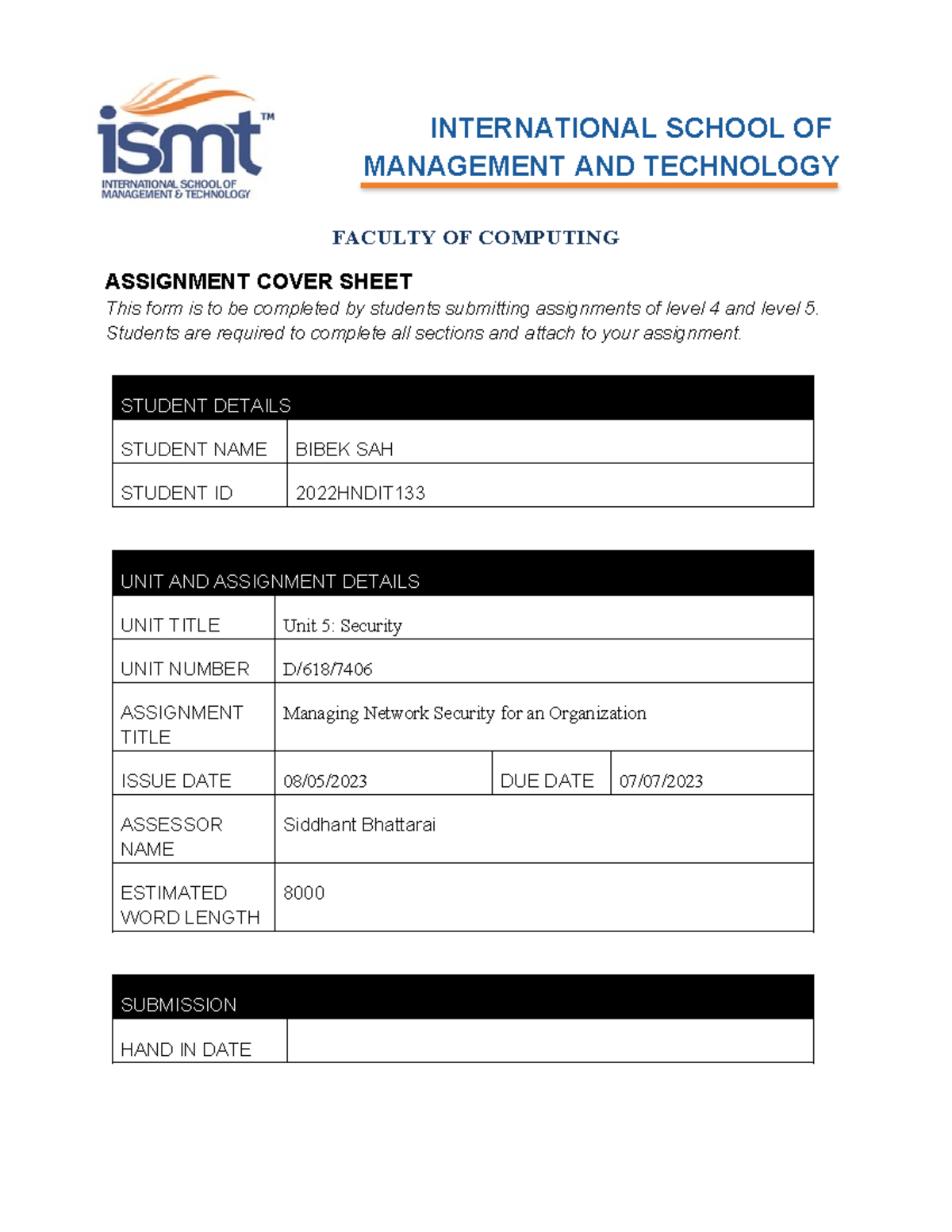 Security Assignment - INTERNATIONAL SCHOOL OF MANAGEMENT AND TECHNOLOGY ...