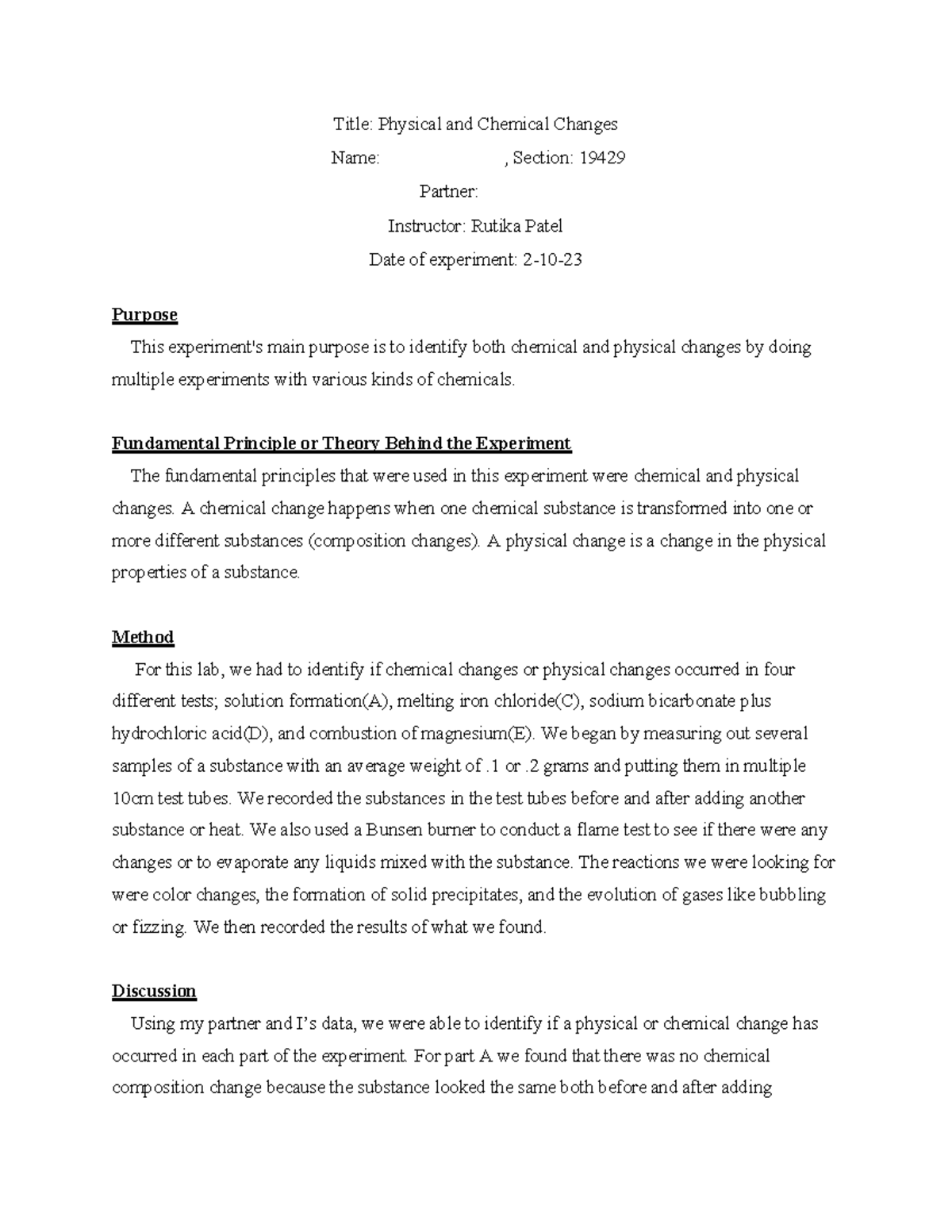Chemical vs Physical Change report - Title: Physical and Chemical ...
