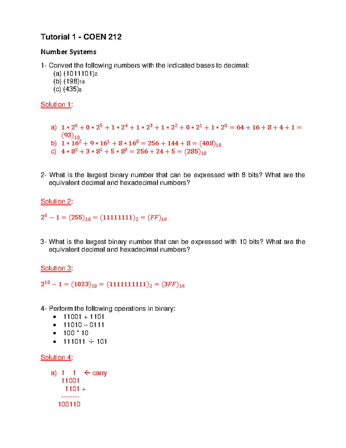 Tut2 Sol Solution For Tutorial 2 Coen212 Tutorial 1 Coen 212 Number Systems 1 Convert