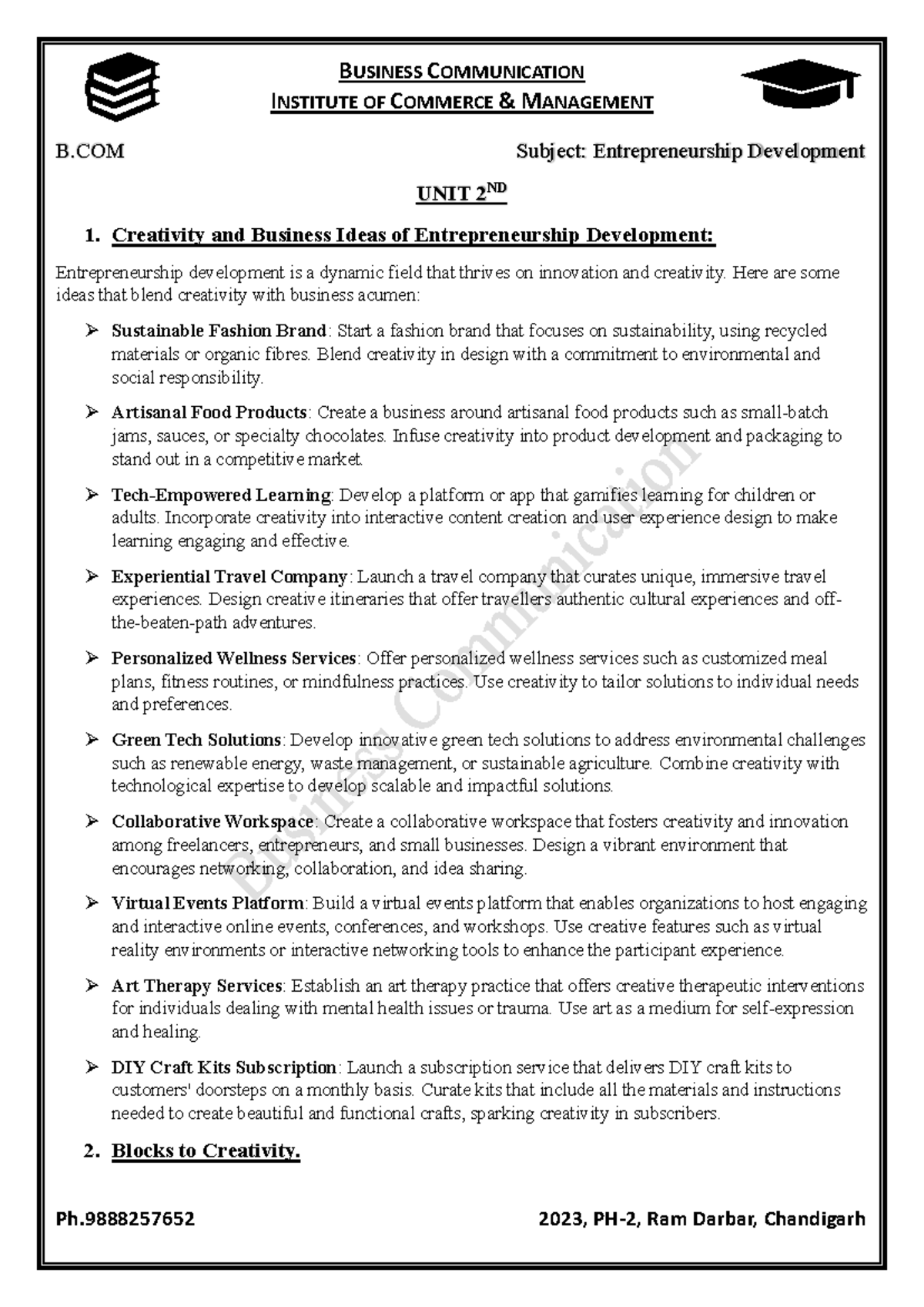 ED UNIT 2ND - notes - INSTITUTE OF COMMERCE & MANAGEMENT B Subject ...