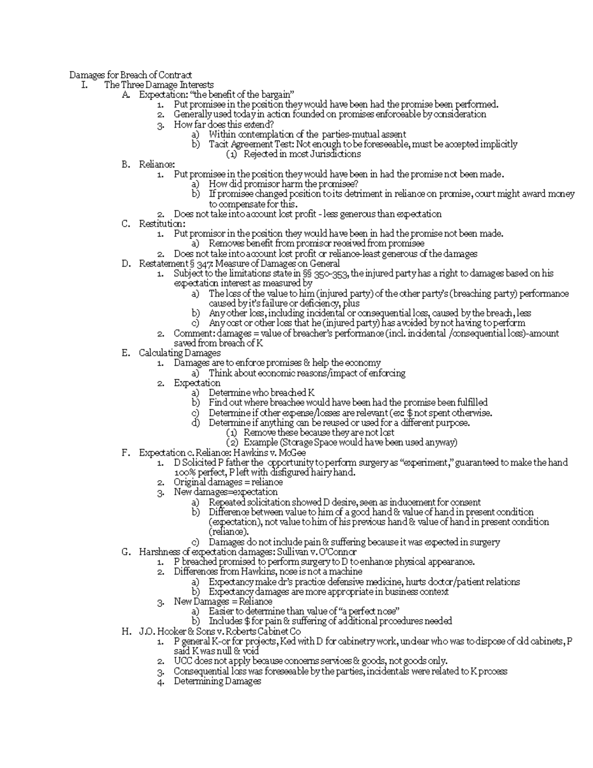 Contracts Outline - Damages for Breach of Contract I. The Three Damage ...