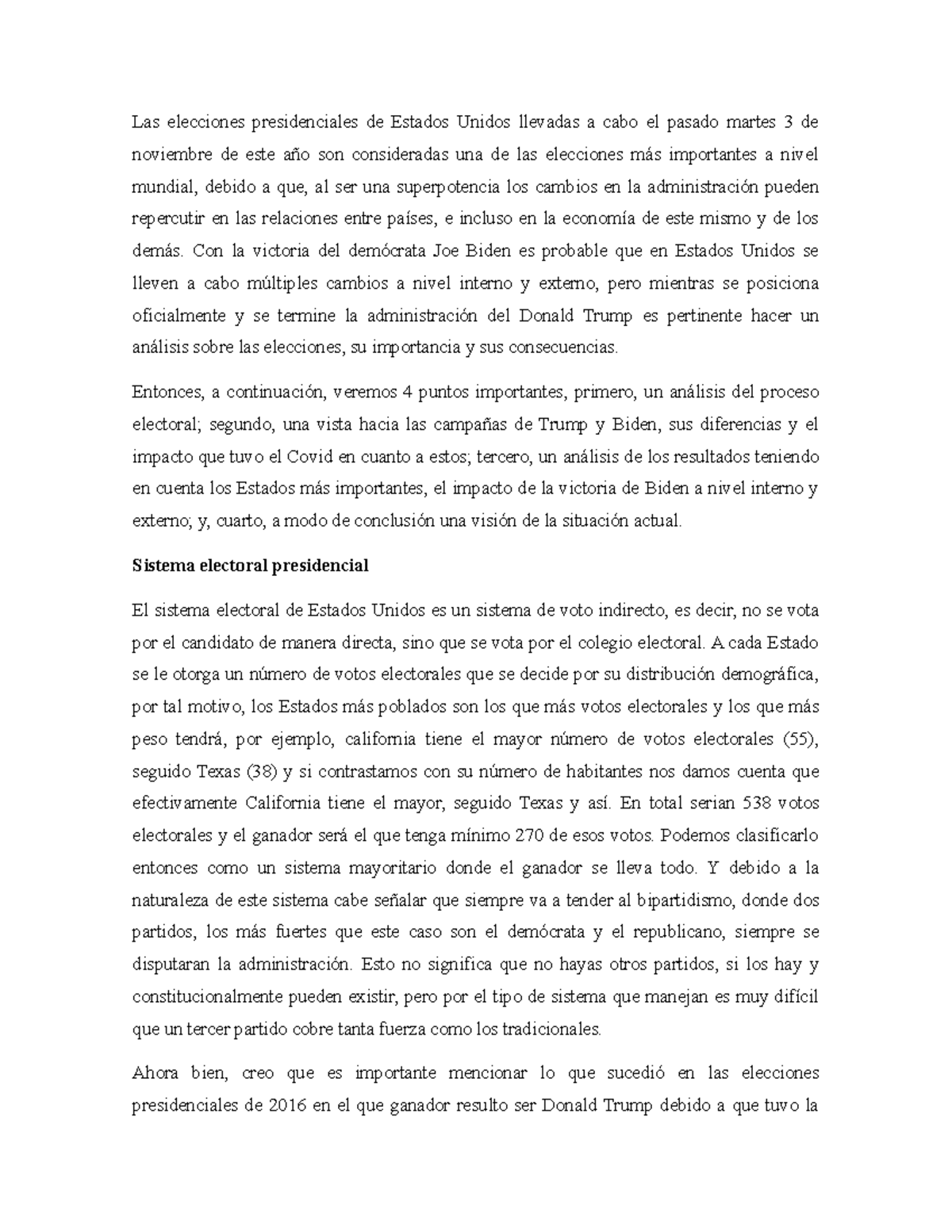 Ensayo de análisis sobre las elecciones presidenciales en Estados ...