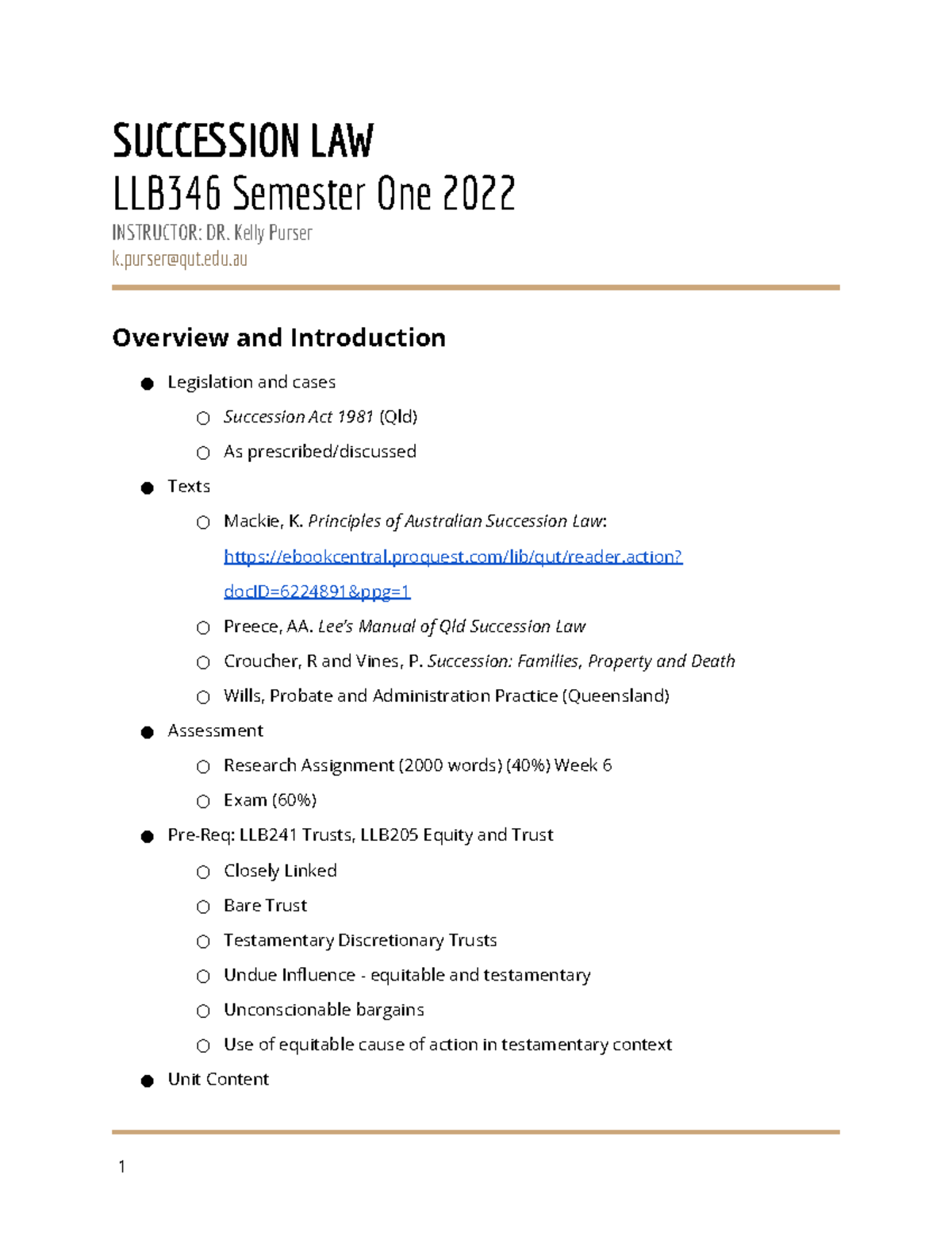 Succession Law - SUCCESSION LAW LLB346 Semester One 2022 INSTRUCTOR: DR ...