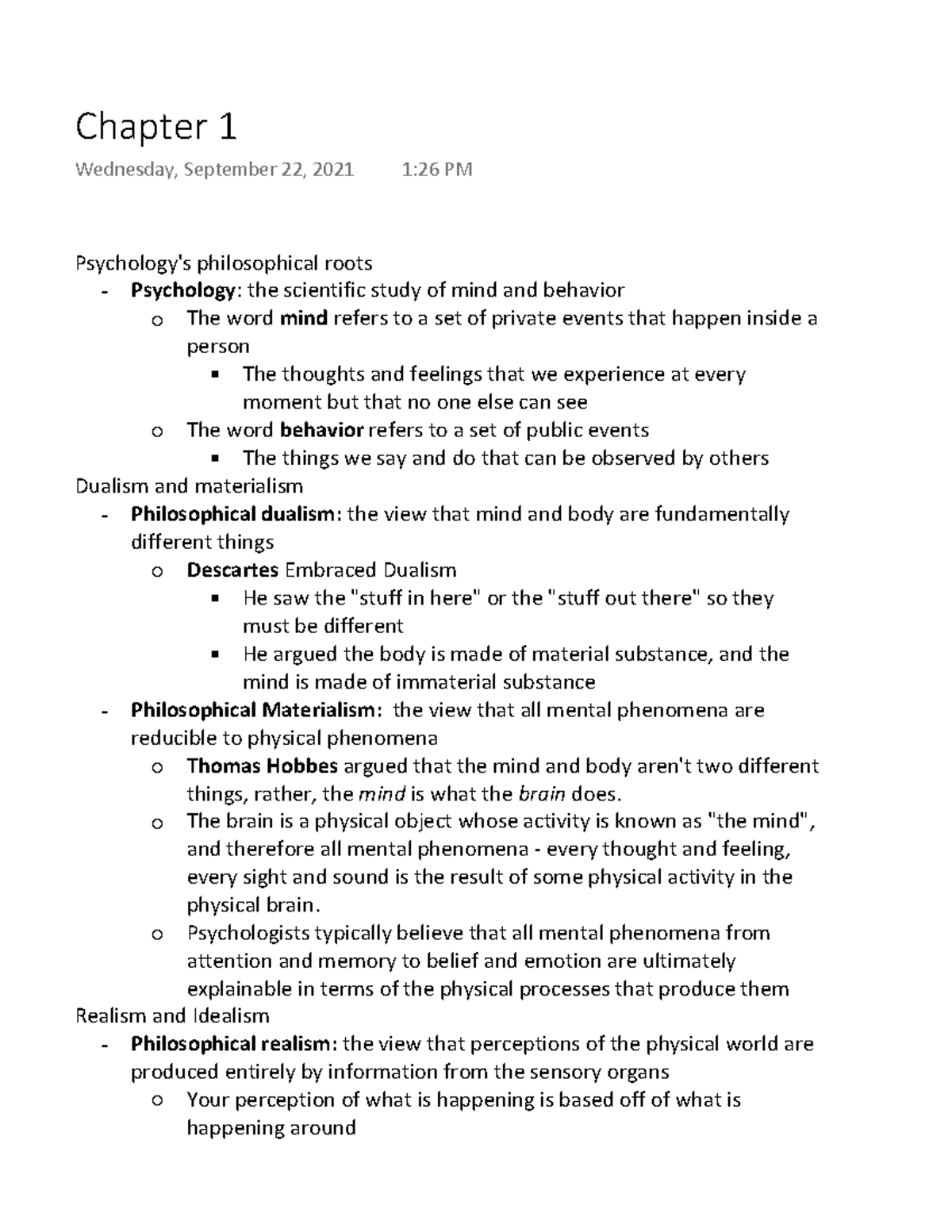 Chapter 1 textbook notes - Psychology's philosophical roots Psychology ...