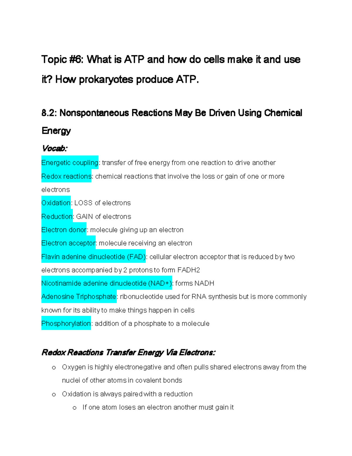 Biology Notes 8.2 - Topic #6: What is ATP and how do cells make it and ...