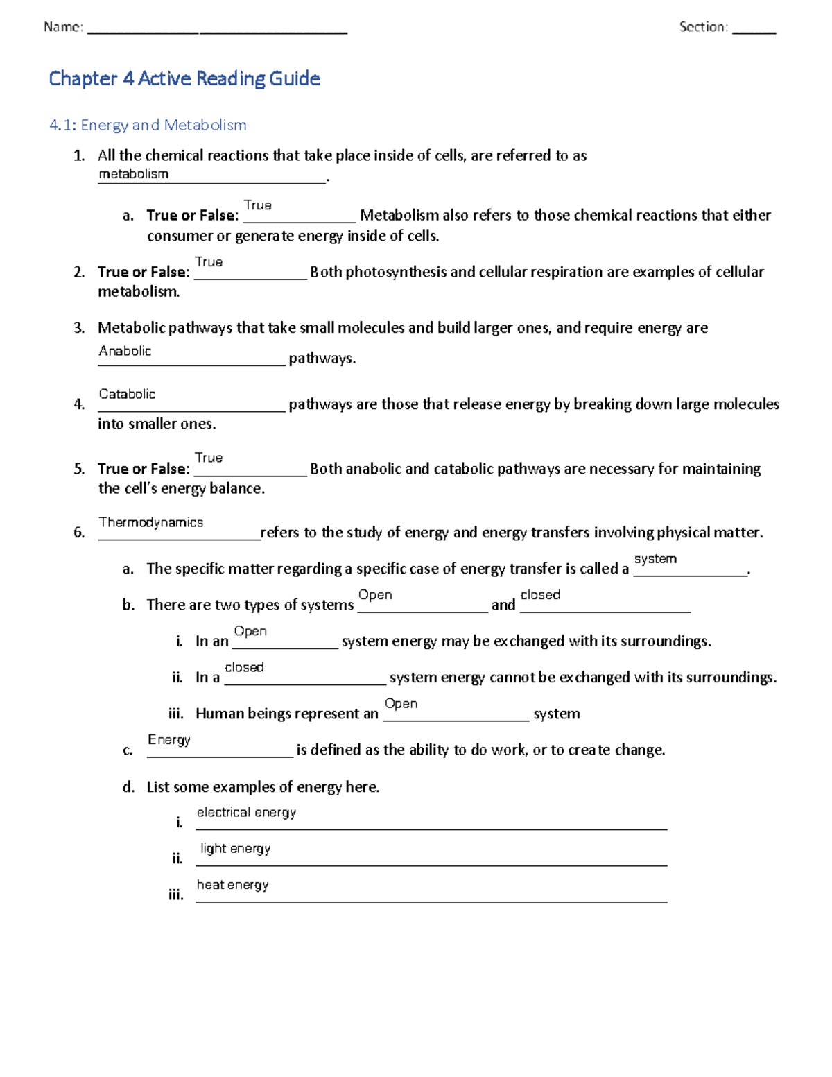 39547838 ARG4 - Chapter 4 Active Reading Guide 4: Energy and Metabolism ...