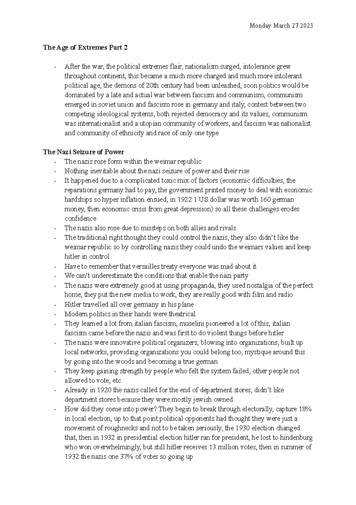 HIST 106- Day 20 Notes - Monday March 27 2023 The Age of Extremes Part ...