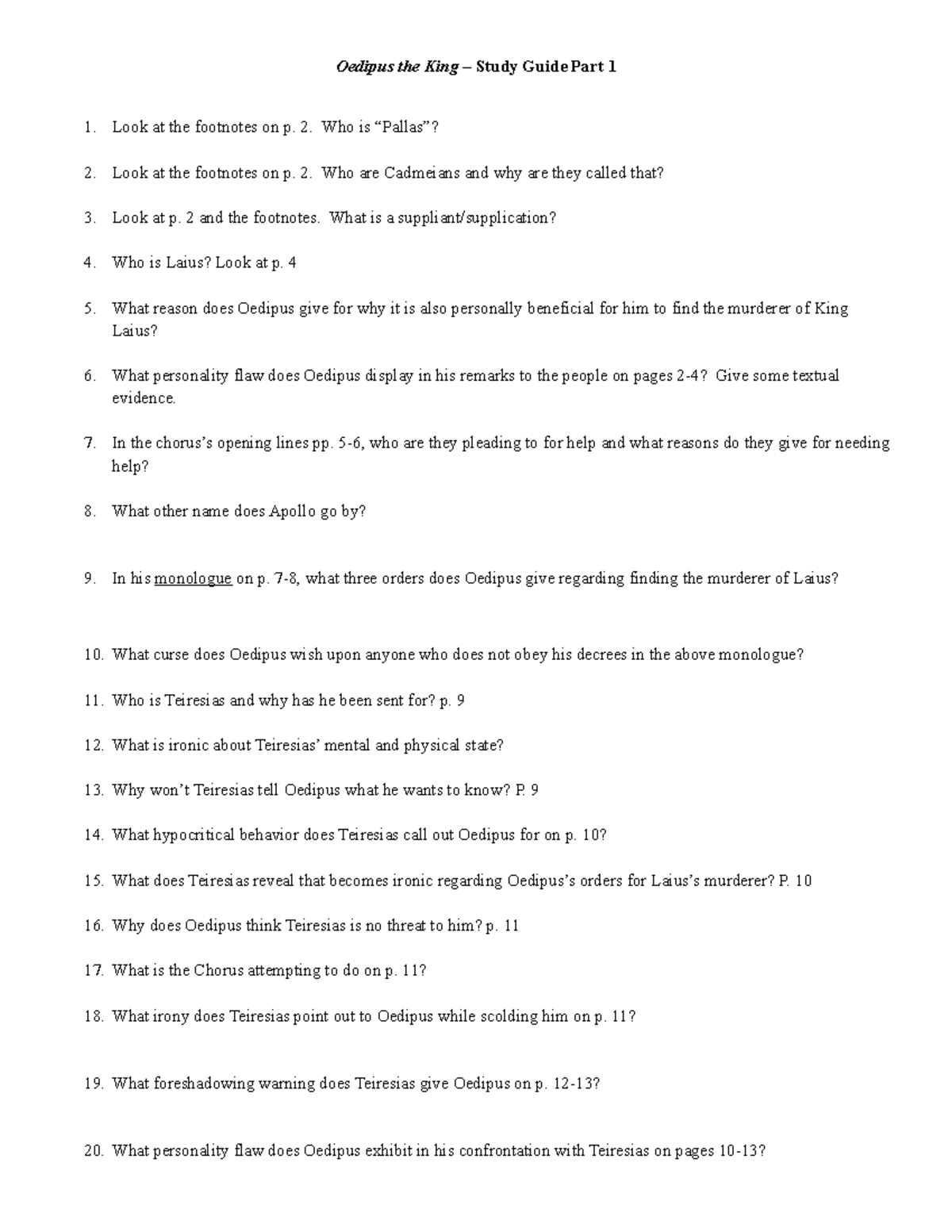 Oedipus Study Guide Part 1 - Oedipus the King – Study Guide Part 1 Look ...