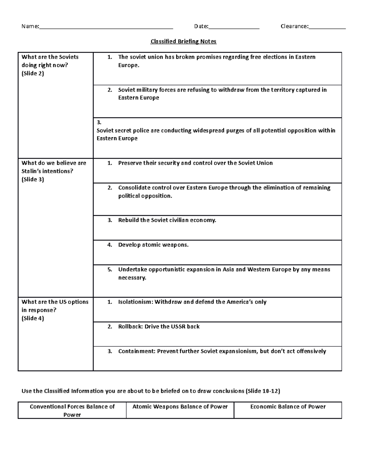 Classified Briefing Notes-1 - Name: Date: Clearance: Classified ...
